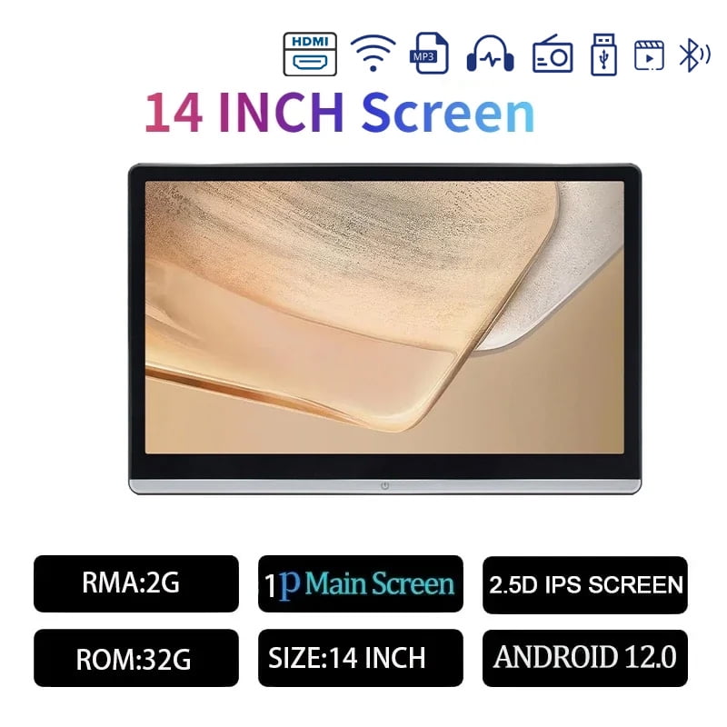 14 inch IPS Display Car Headrest Monitor Dual HDMI Android 12 2G+32G Touch Screen For Car Rear ...