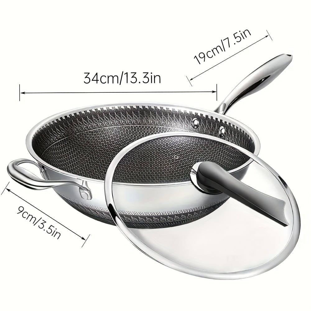 13.3 Inch 304 Stainless Steel Non-Stick Pan with Lid - Honeycomb ...