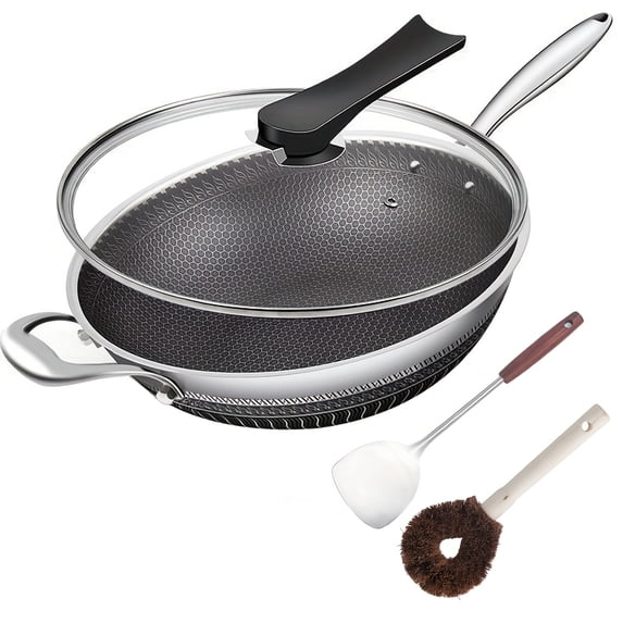 13.3 Inch 304 Stainless Steel Wok with 2 Cookware Accessories ...