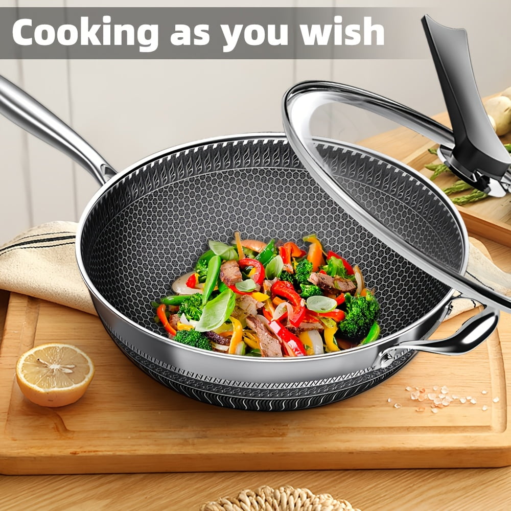 13.3-Inch Stainless Steel Honeycomb Non-Stick Wok with Lid ...