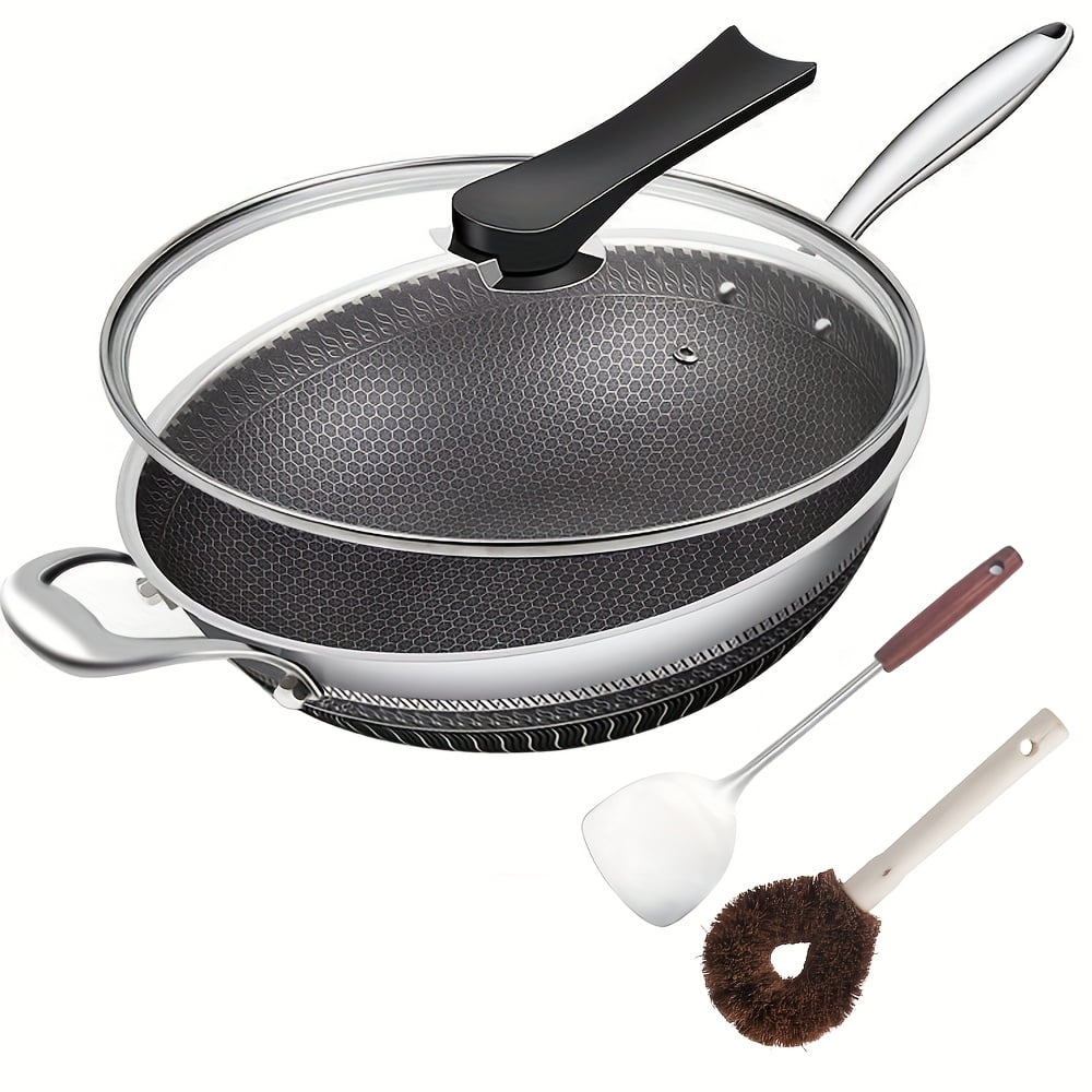 13.3 Inch Stainless Steel Wok Set with 2 Accessories, Non-Stick Carbon ...