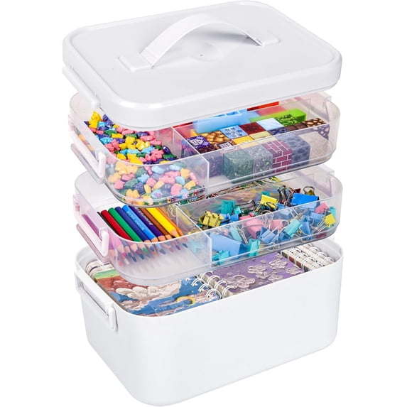 13.3 QT Art Supply Organizer Box with Handle, White 3-Tier Stackable ...