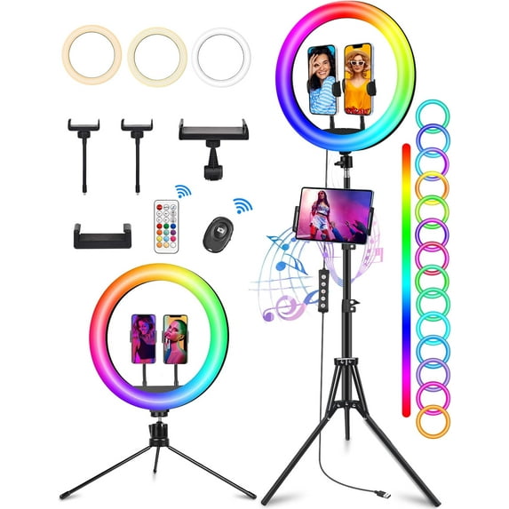 13.3" Ring Light with Stand, Music Mode, 75" Tall with 3 Phone Holder ...