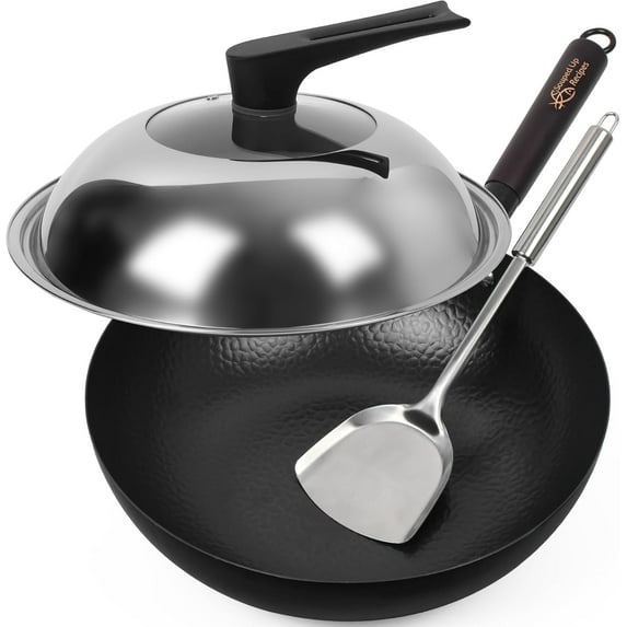 13.4 Inch Carbon Steel Wok For Electric, Induction and Gas Stoves (Lid ...