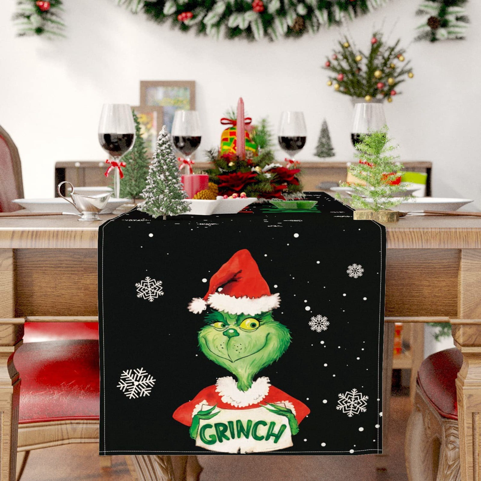13 * 47 INCH Grinch Linen Green Christmas Table Runner Merry Tablecloth ...