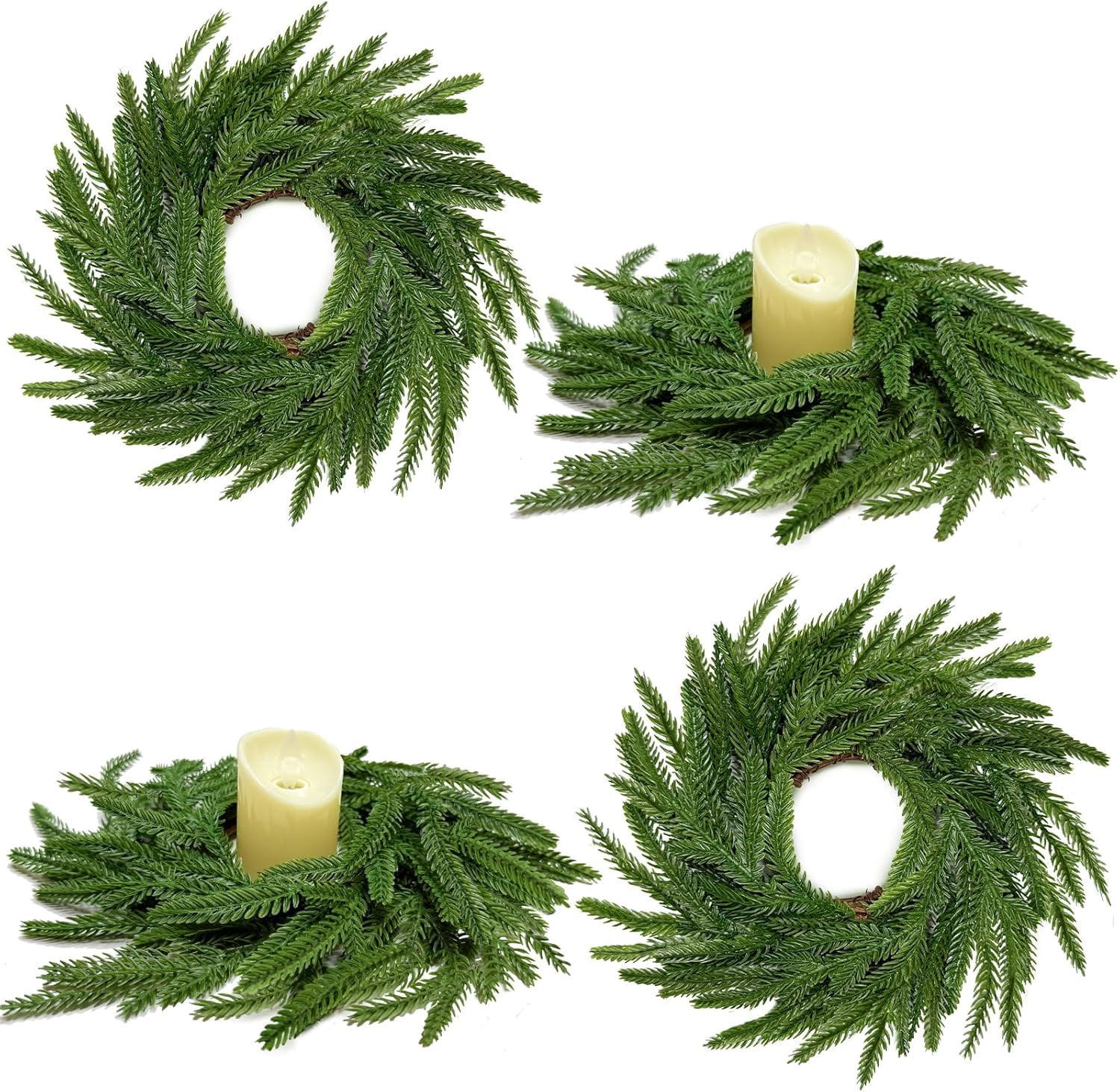 13.5 Inch Norfolk Pine Wreath Candle Rings, 4 Pcs Realistic Soft and ...