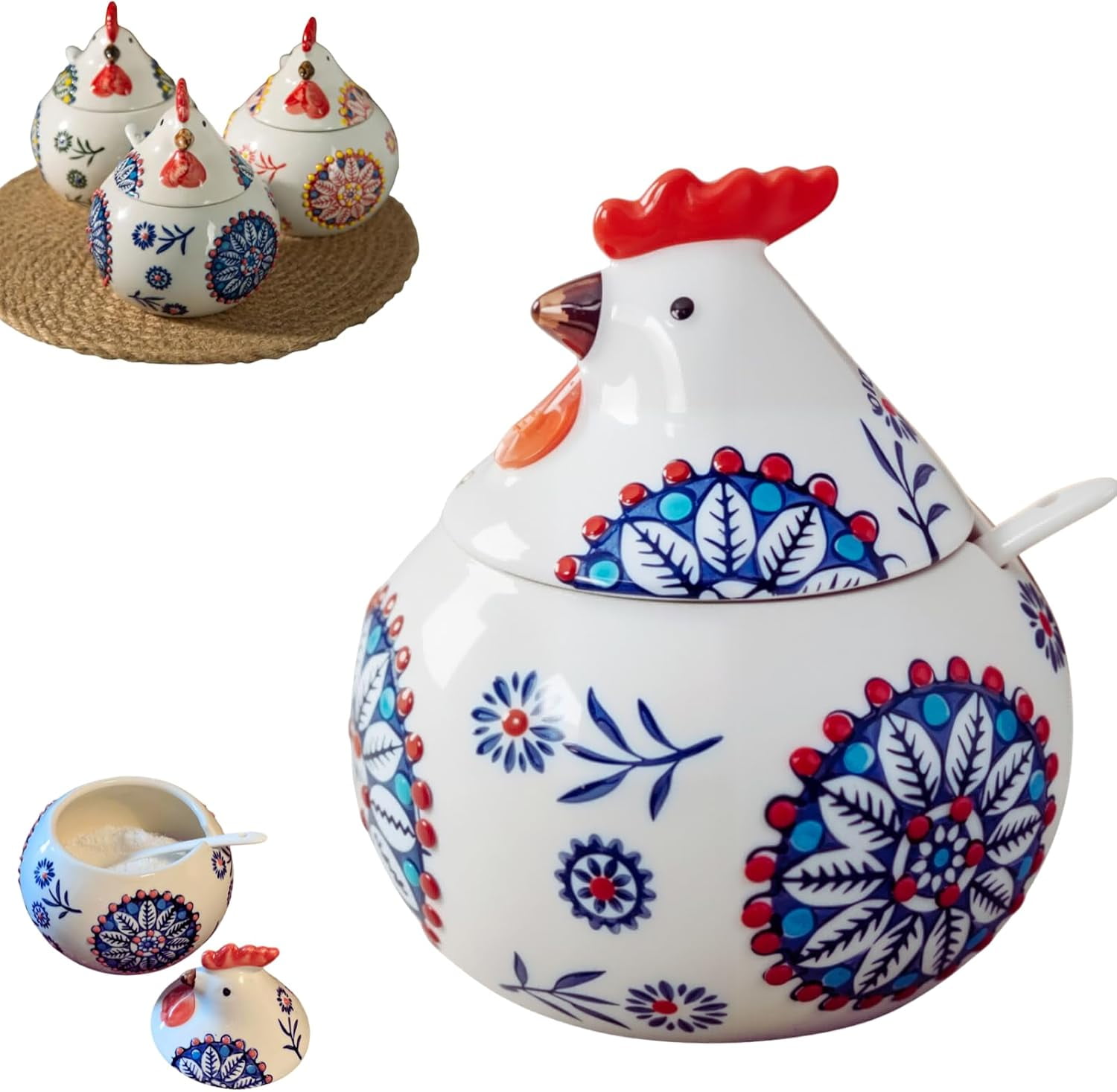 13.5 Oz Salt Cellar With Lid and Spoon (Blue)- Ceramic Chicken Spice ...