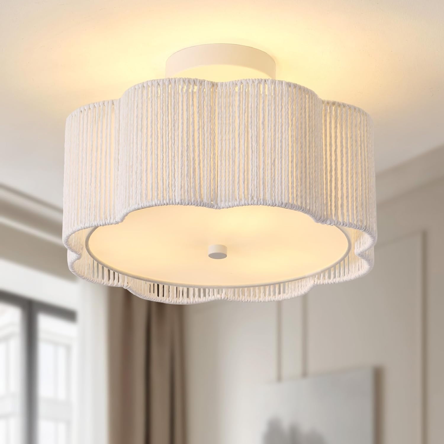13.5" Rattan Ceiling Light Fixture with Fabric Shade, Light Fixtures ...