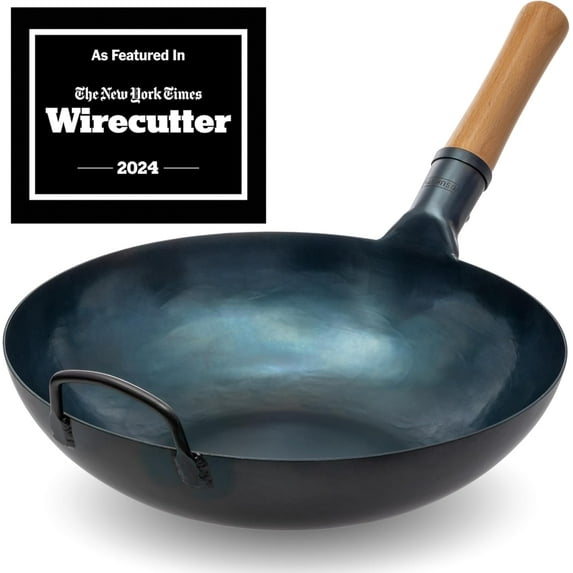13.5” Blue Carbon Steel Wok Pan – Pre-Seasoned Flat Bottom Wok ...