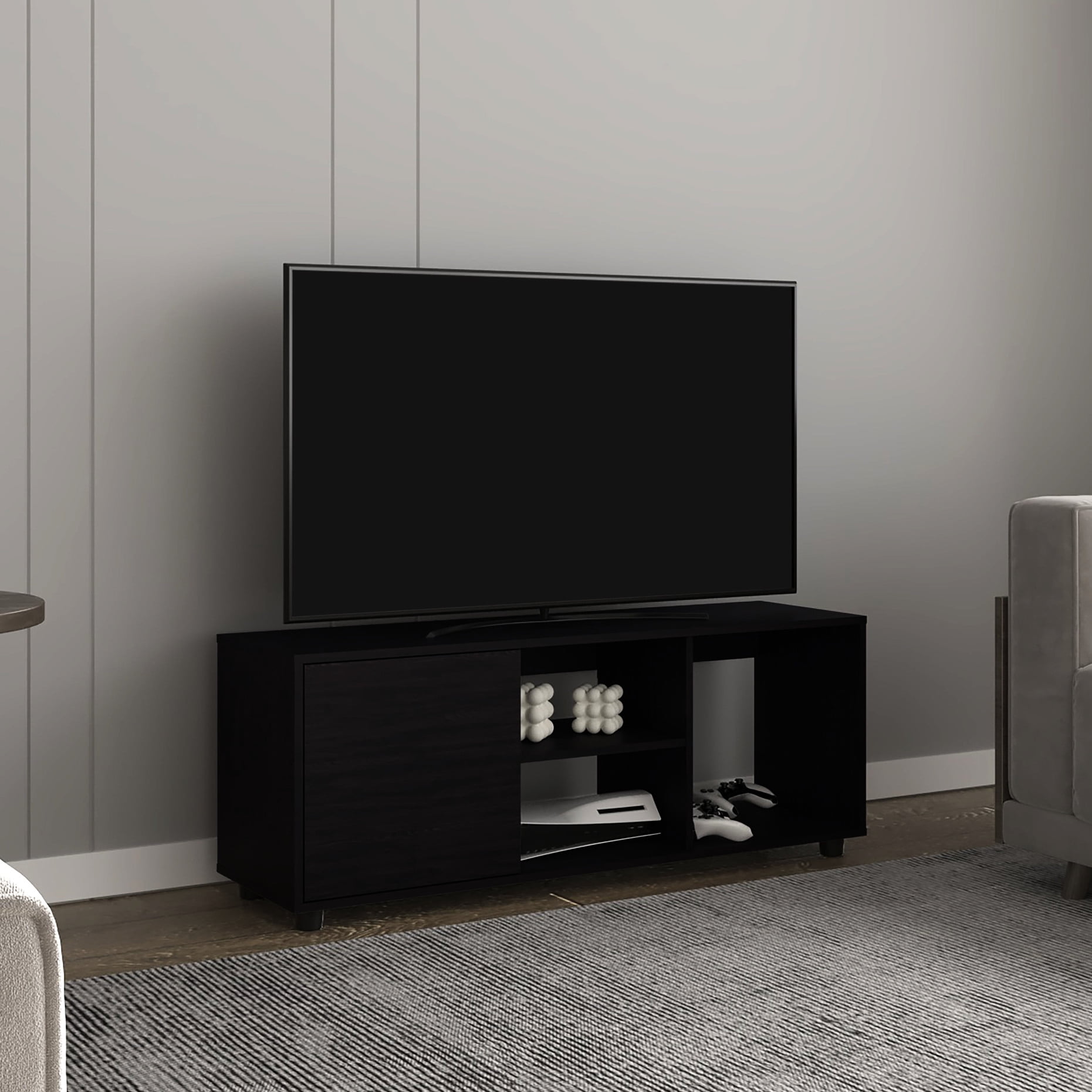 Modern Black Tv Stand With Four Open Shelves And Hidden Storage Living ...