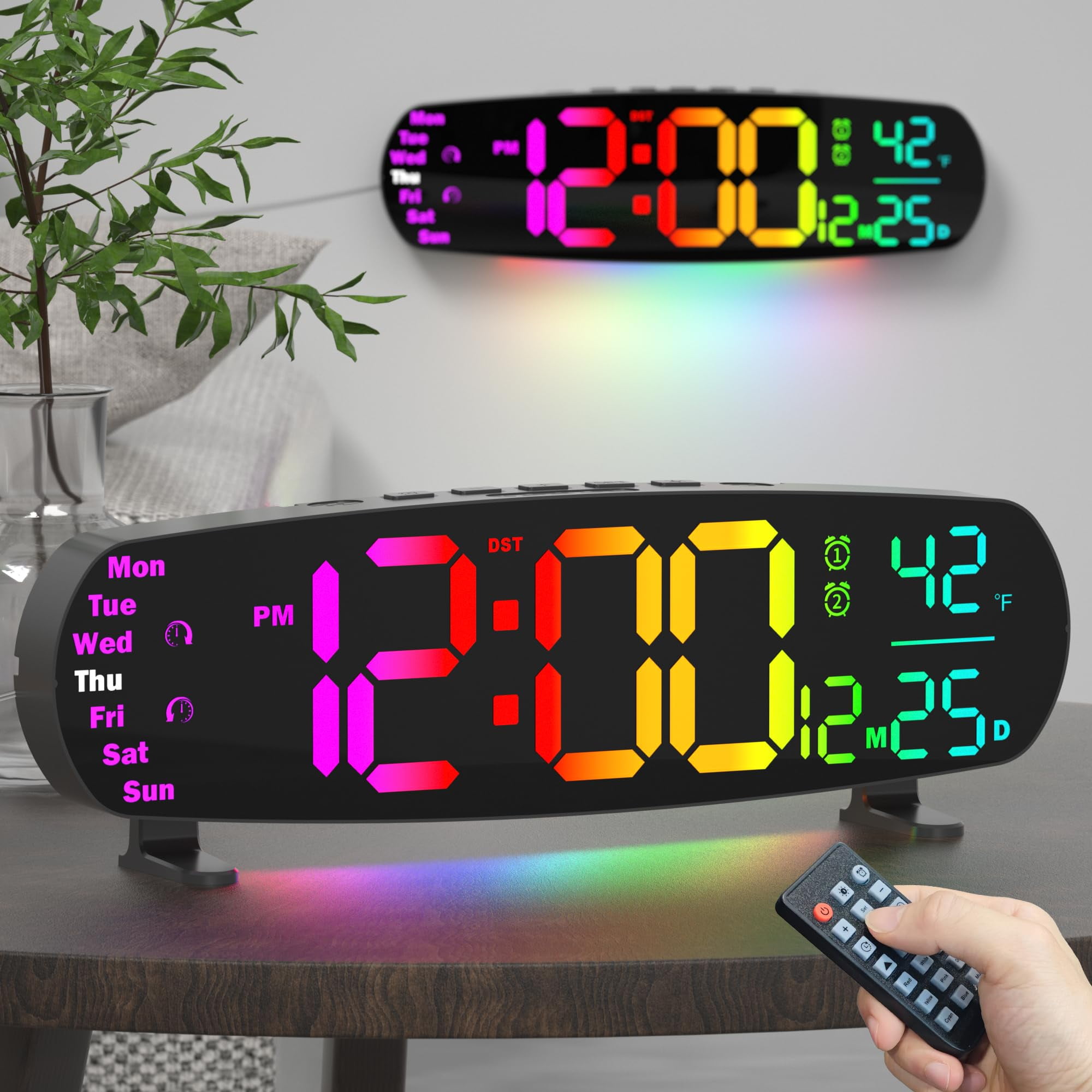 13.7" Digital Wall Clock Desk Clocks with Temperature, 11 RGB Colors ...