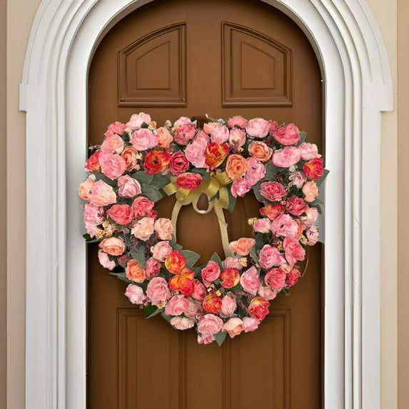 13.7-inch Heart-Shaped Artificial Rose Wreath Pink Bouquet with Gold ...