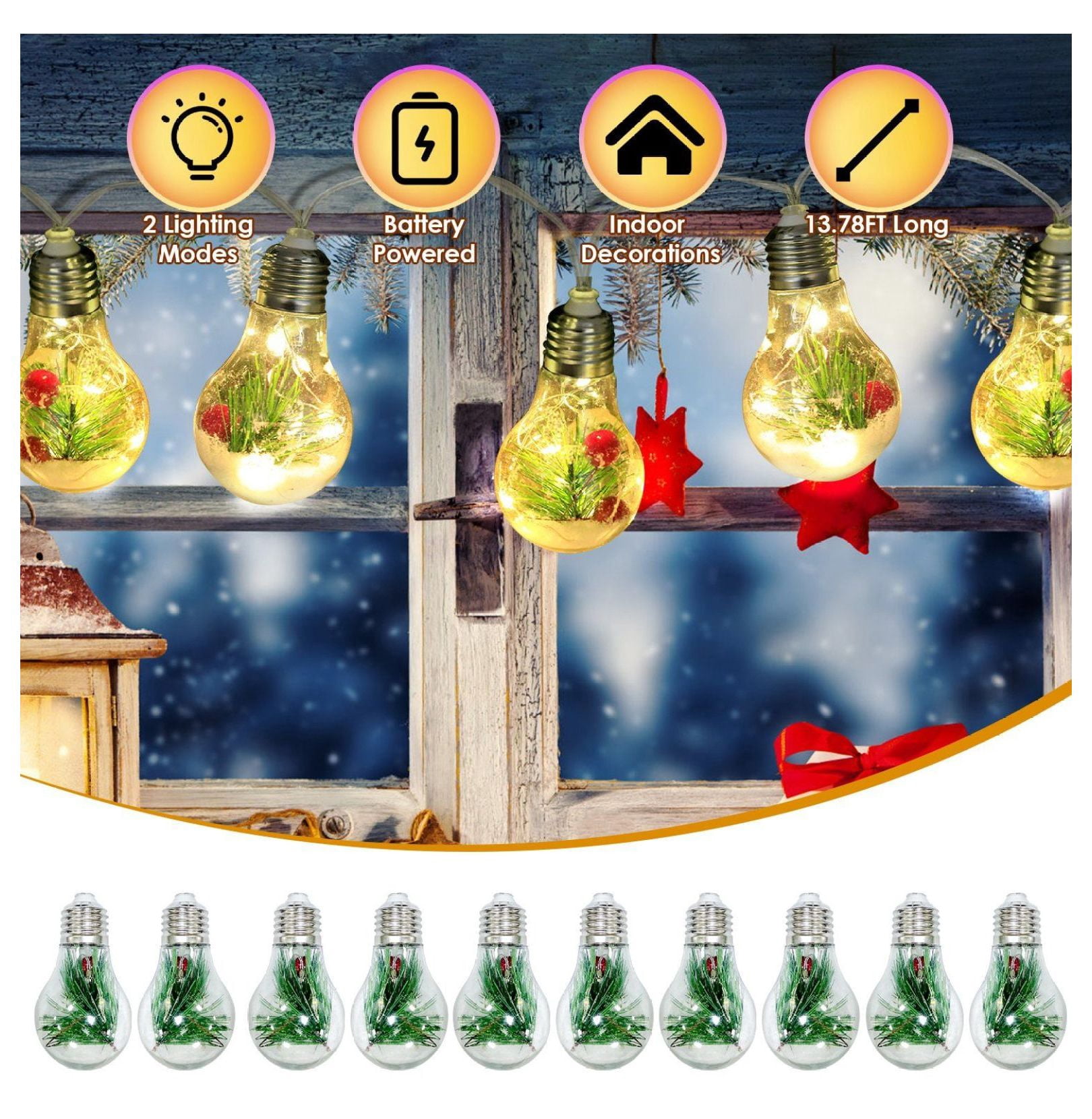 13.78FT Christmas Snow Globe String Light Battery Powered 10 LED Bulbs ...