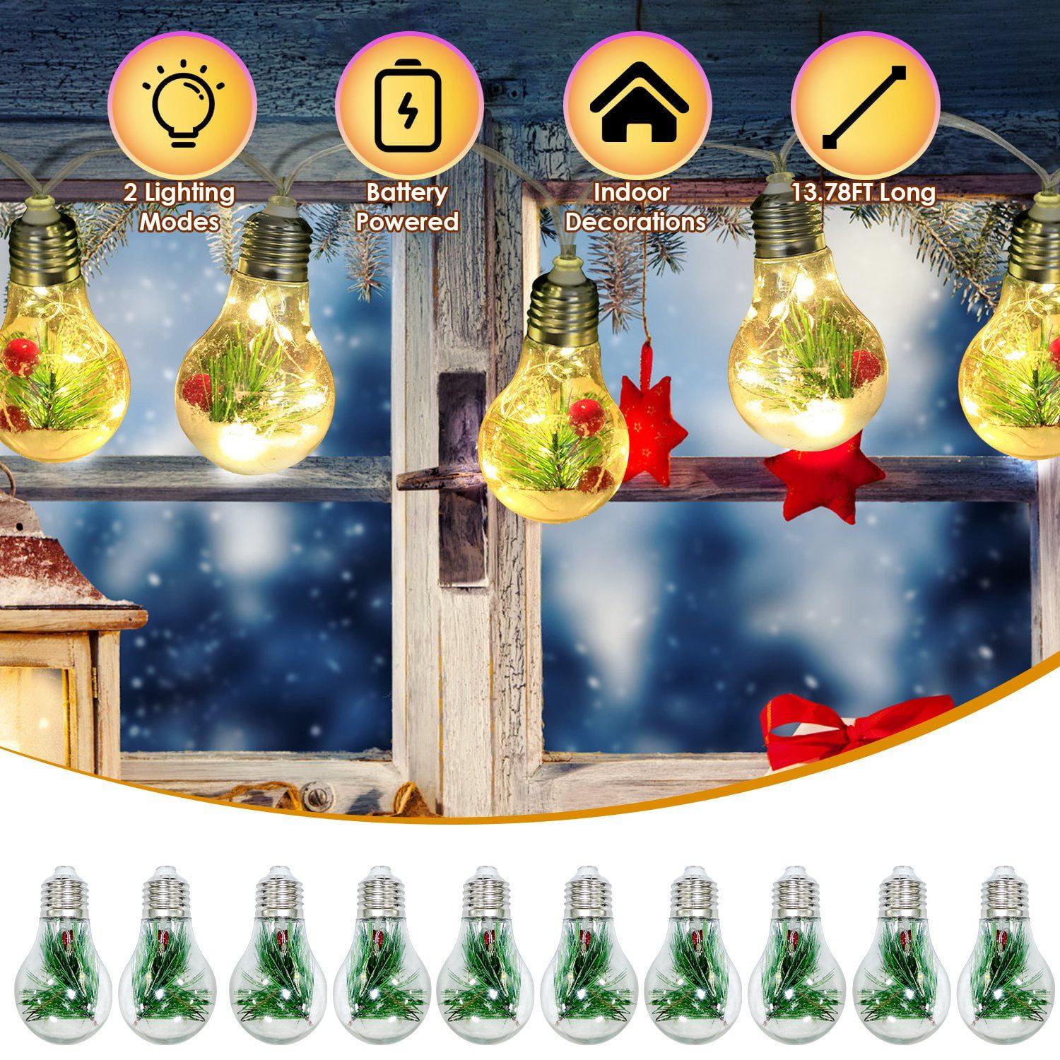 13.78FT Christmas Snow Globe String Light Battery Powered 10 LED Bulbs ...