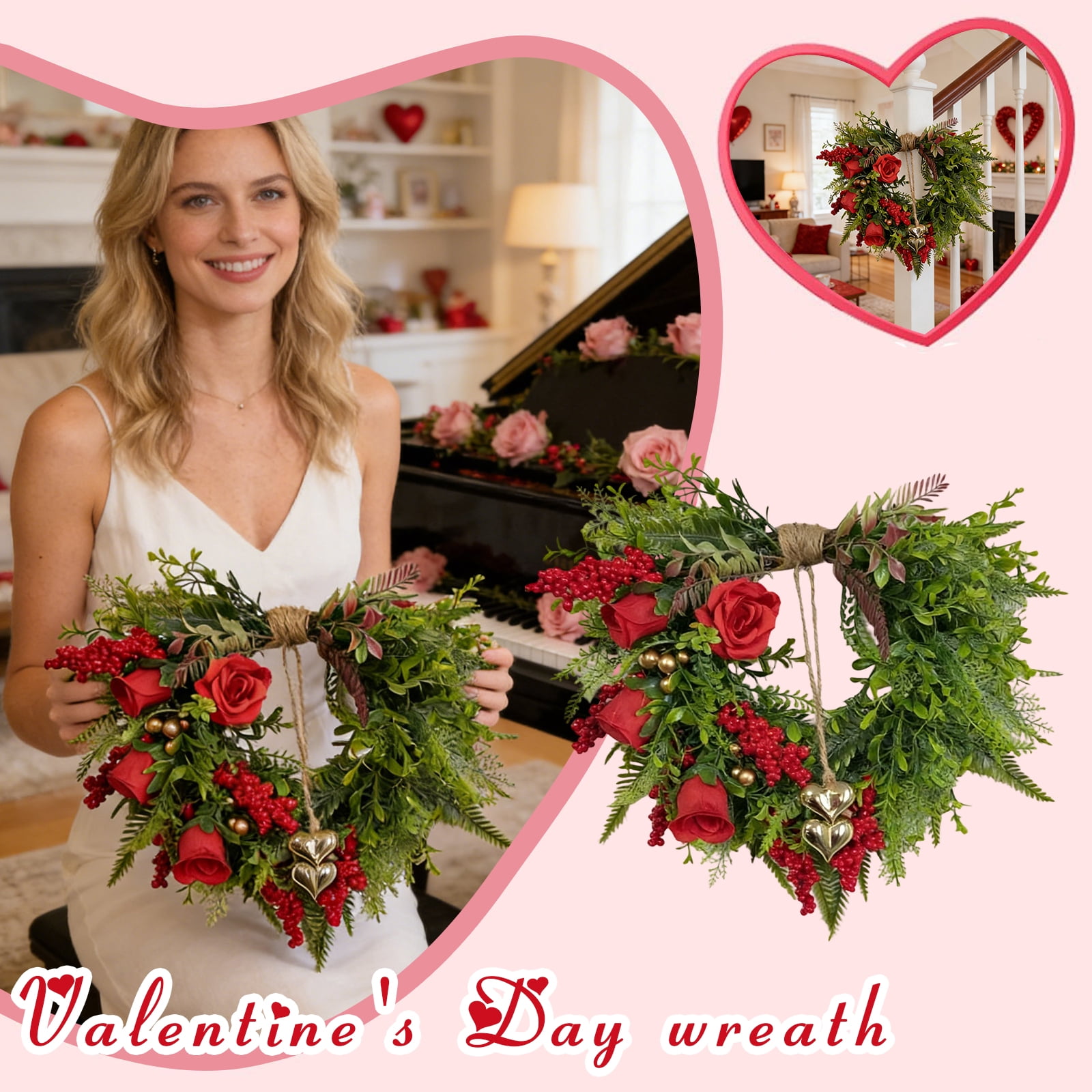 13.78In Valentine's Day Heart-Shaped Wreath With Artificial Red Roses ...