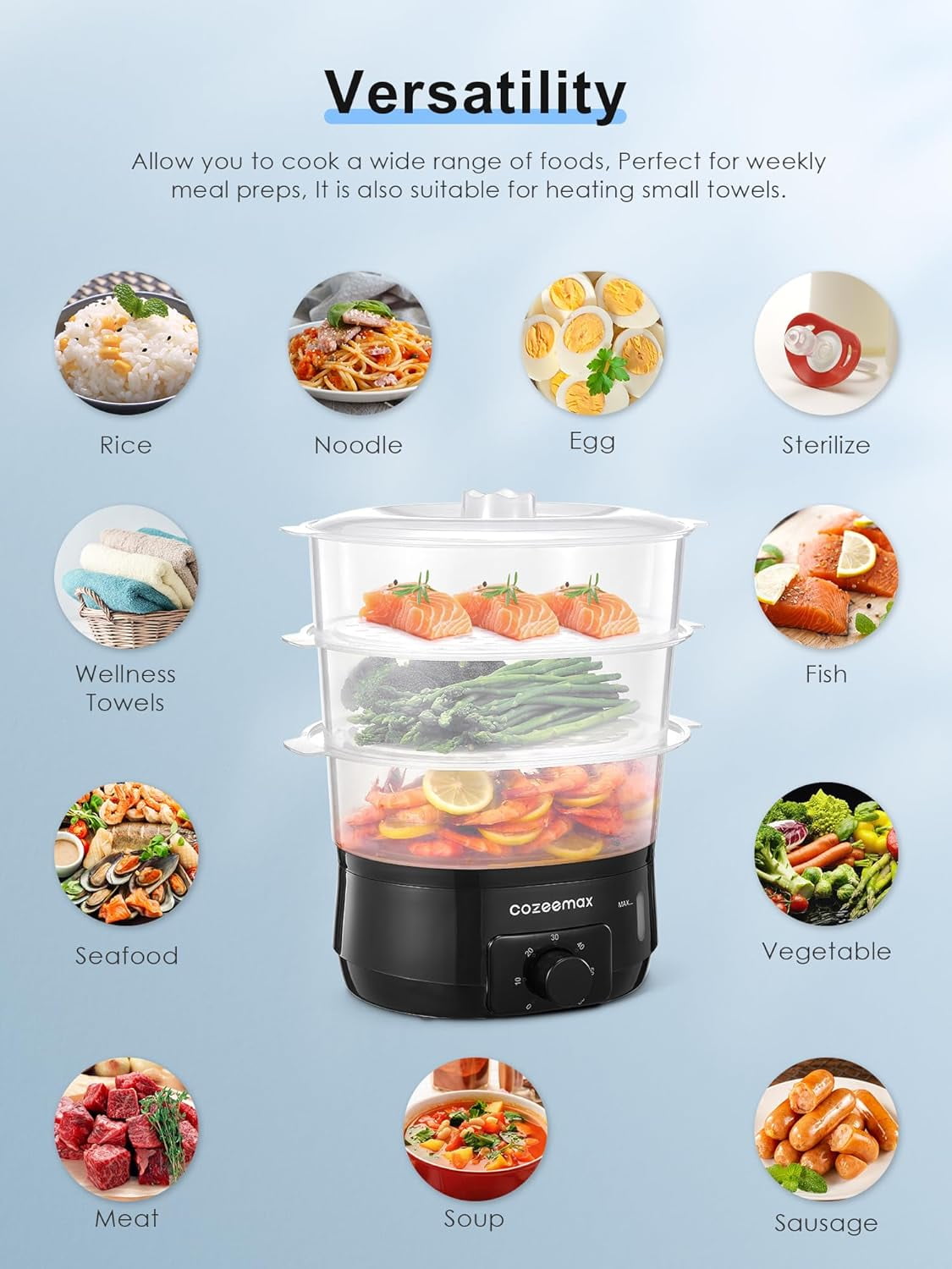 13.7QT Electric Food Steamer with 3 Tiers, 800W Fast Cooking, 60-Minute ...