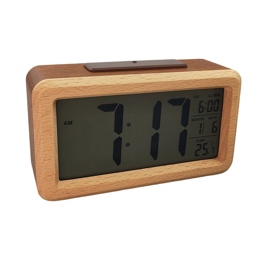 13.8*7.7CM Wooden Alarm Clock with Light-Sensitive Date and Temperature ...