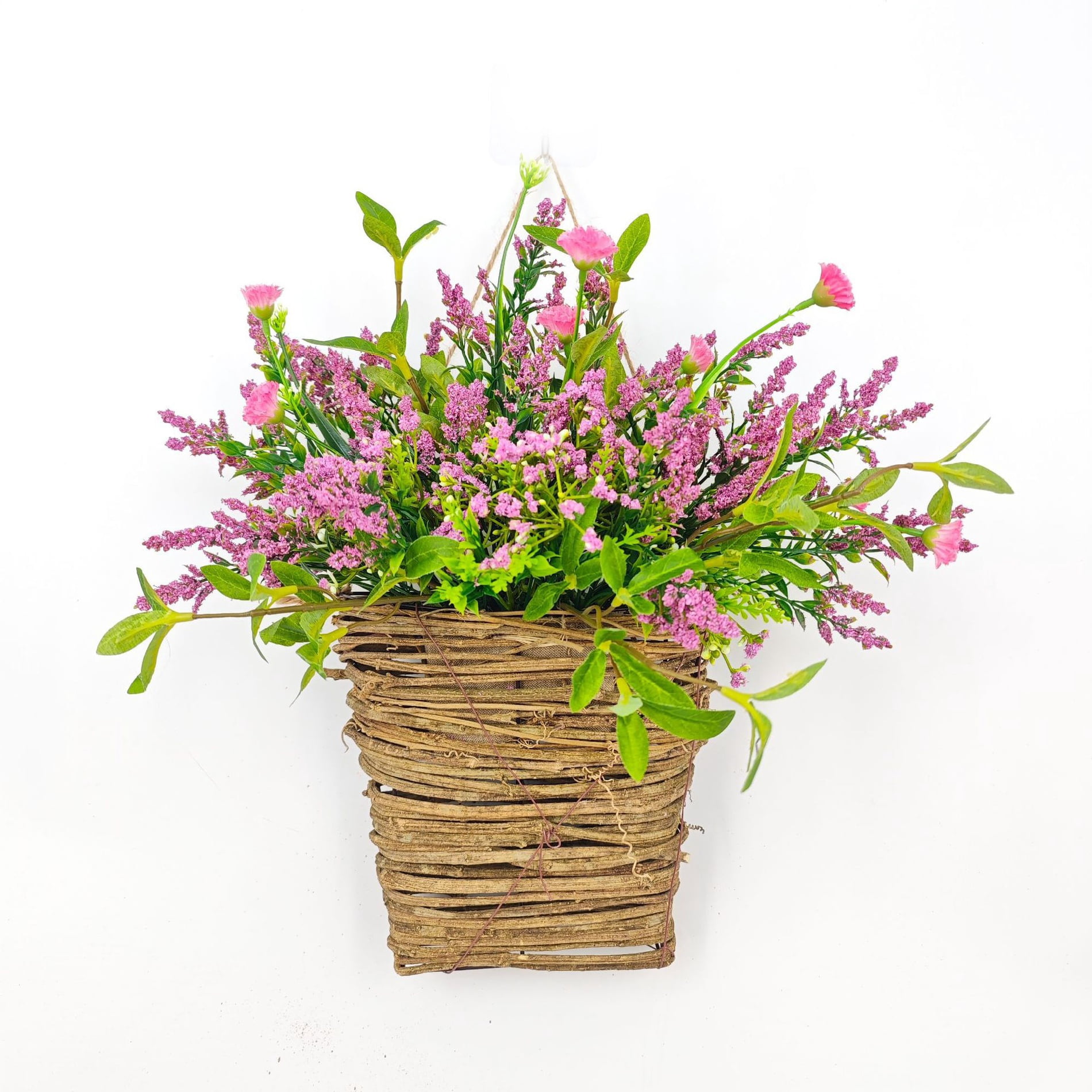 13.8 Inch Hanging Door Hanger Basket Wreath, Pink Wildflower Rattan ...