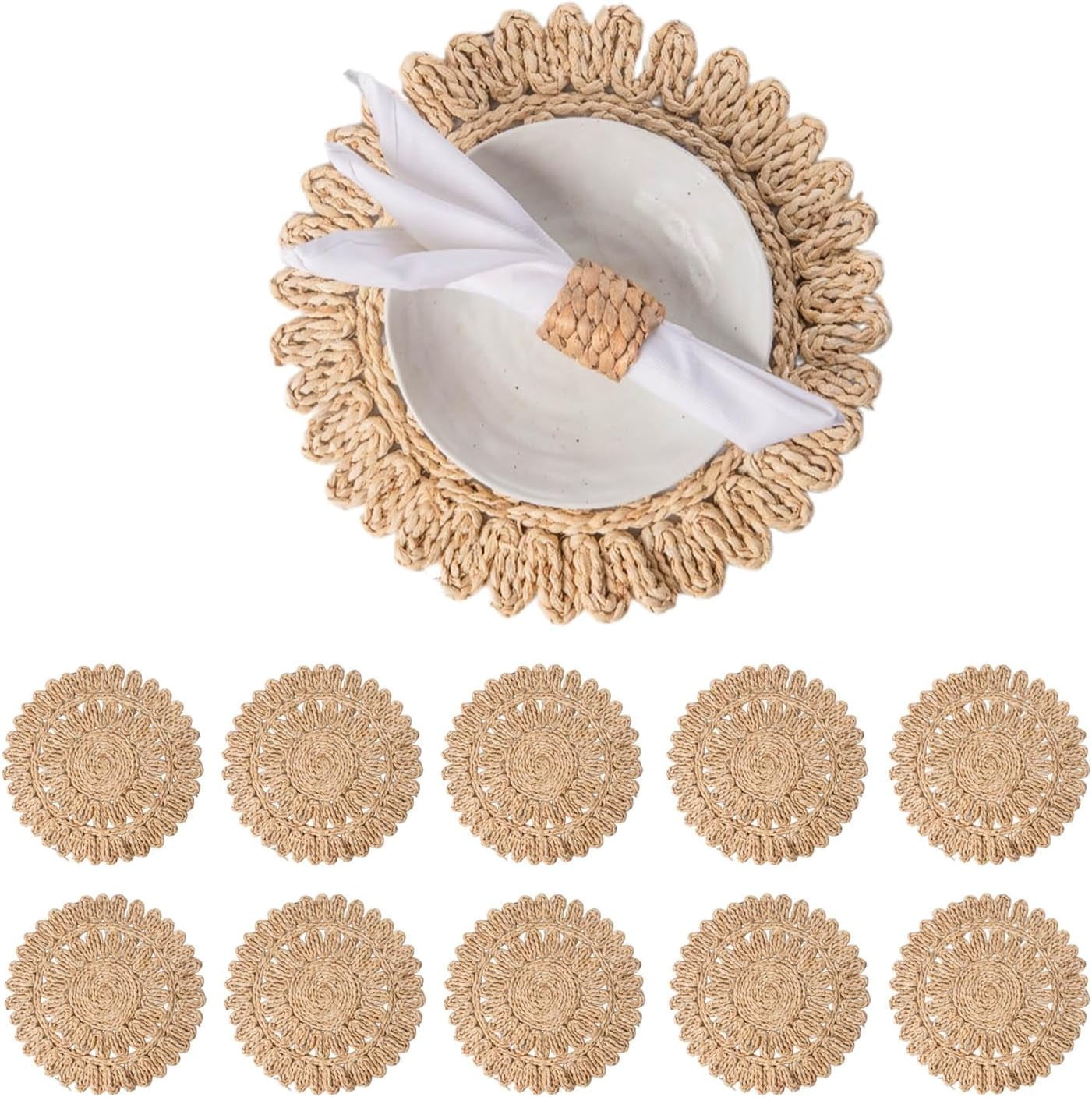 13.8" Set of 10 Round Corn Husk Placemats | Boho Woven Rattan Table ...