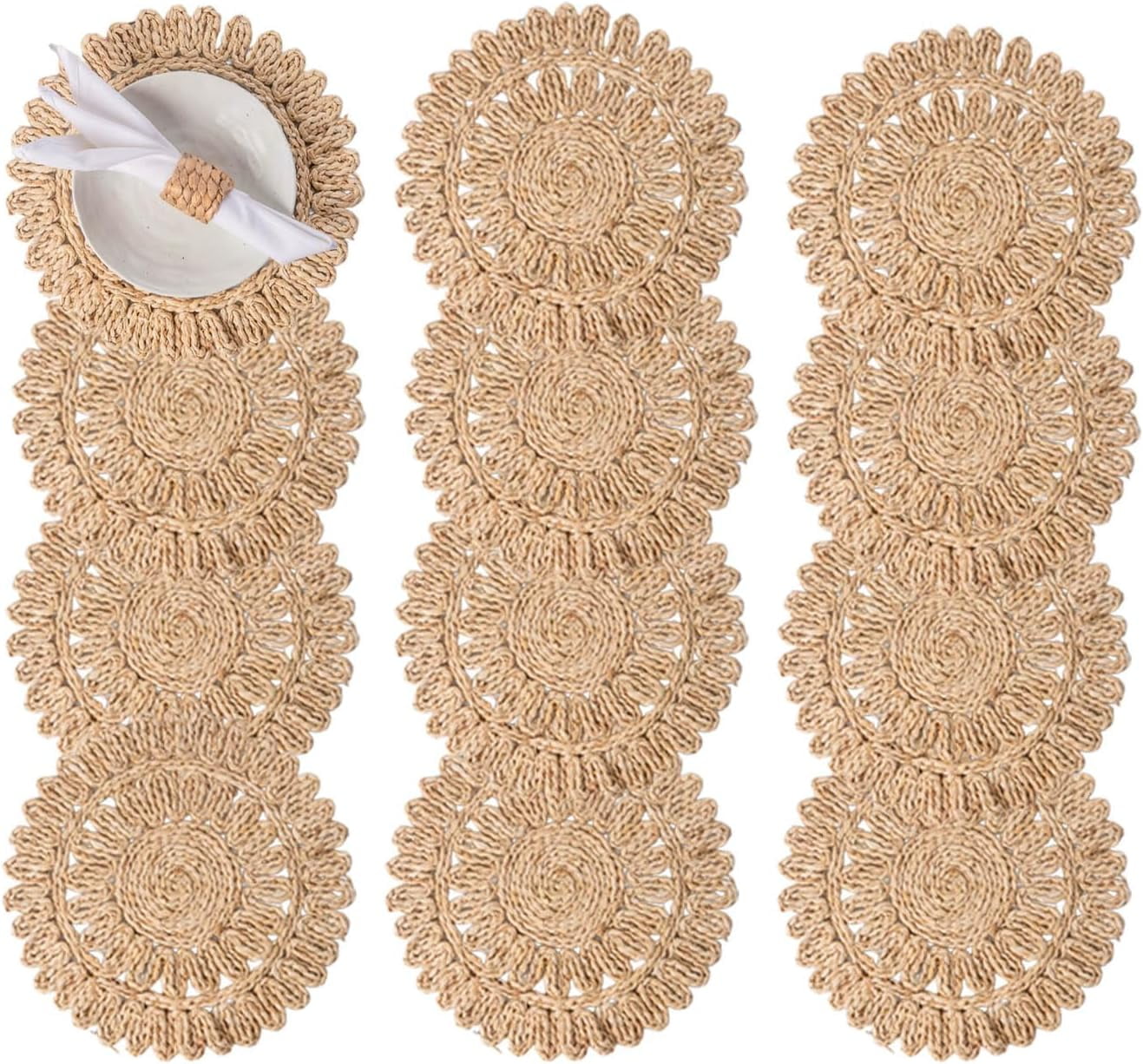 13.8" Set of 12 Round Corn Husk Placemats | Boho Woven Rattan Table ...