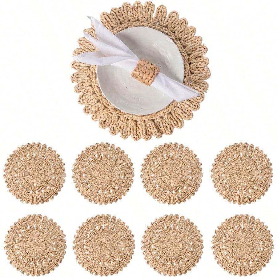 13.8 Set of 8 Round Corn Husk Placemats Boho Woven Rattan Table Mats ...