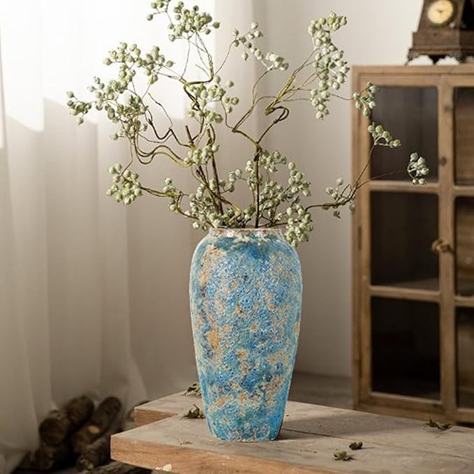 13.8in Tall Rustic Ceramic Flower Vase Vintage Blue Handmade Distressed ...