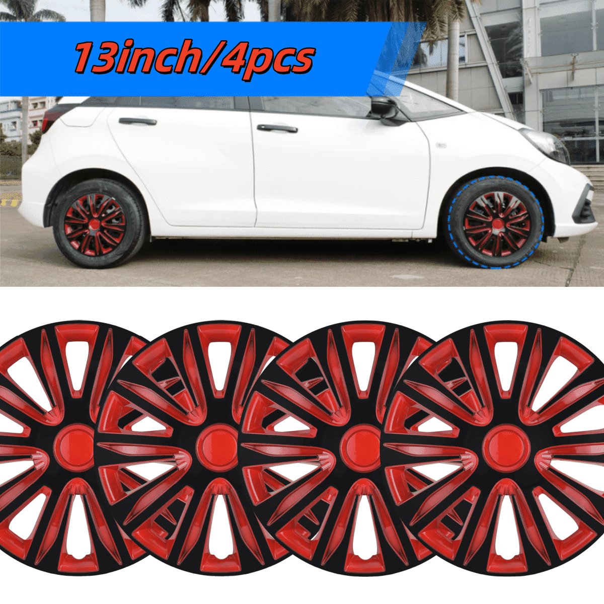 13" Black & Red Hubcaps/Wheel Covers for Most Cars,Set Of 4 Snap On Car ...