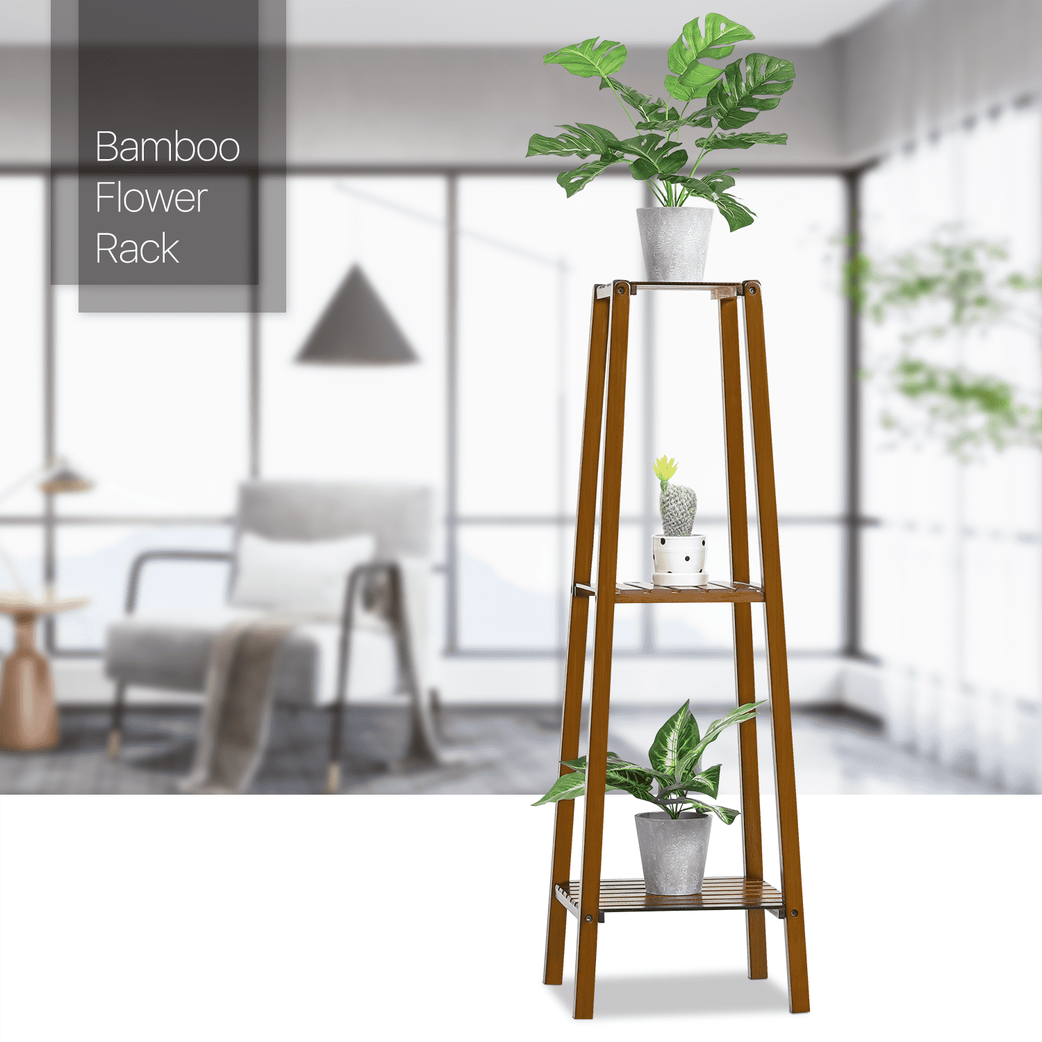 13"Brown Bamboo 3-Tier Indoor Plant Rack Balcony Flower Pot Holder ...