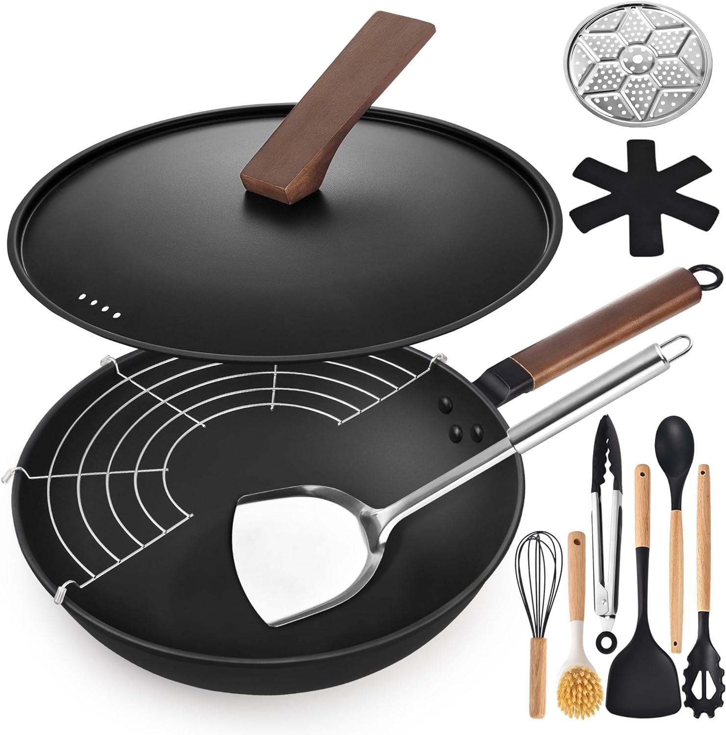 13'' Carbon Steel Wok, 12 Piece Wok Pan & Stir-Fry Pans Set with Lid ...