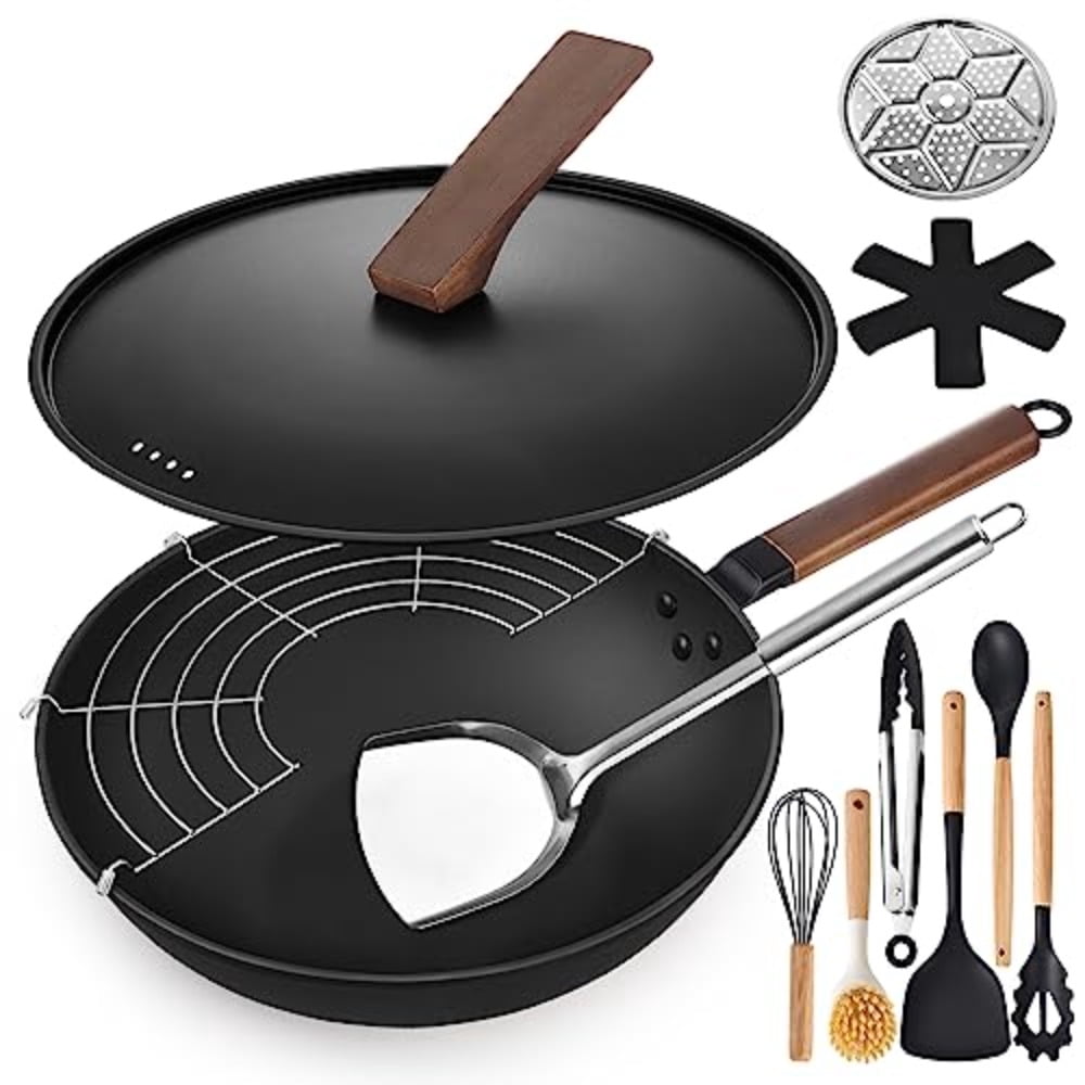13'' Carbon Steel Wok 12 Piece Wok Pan Stir-Fry Pans Set with Lid ...