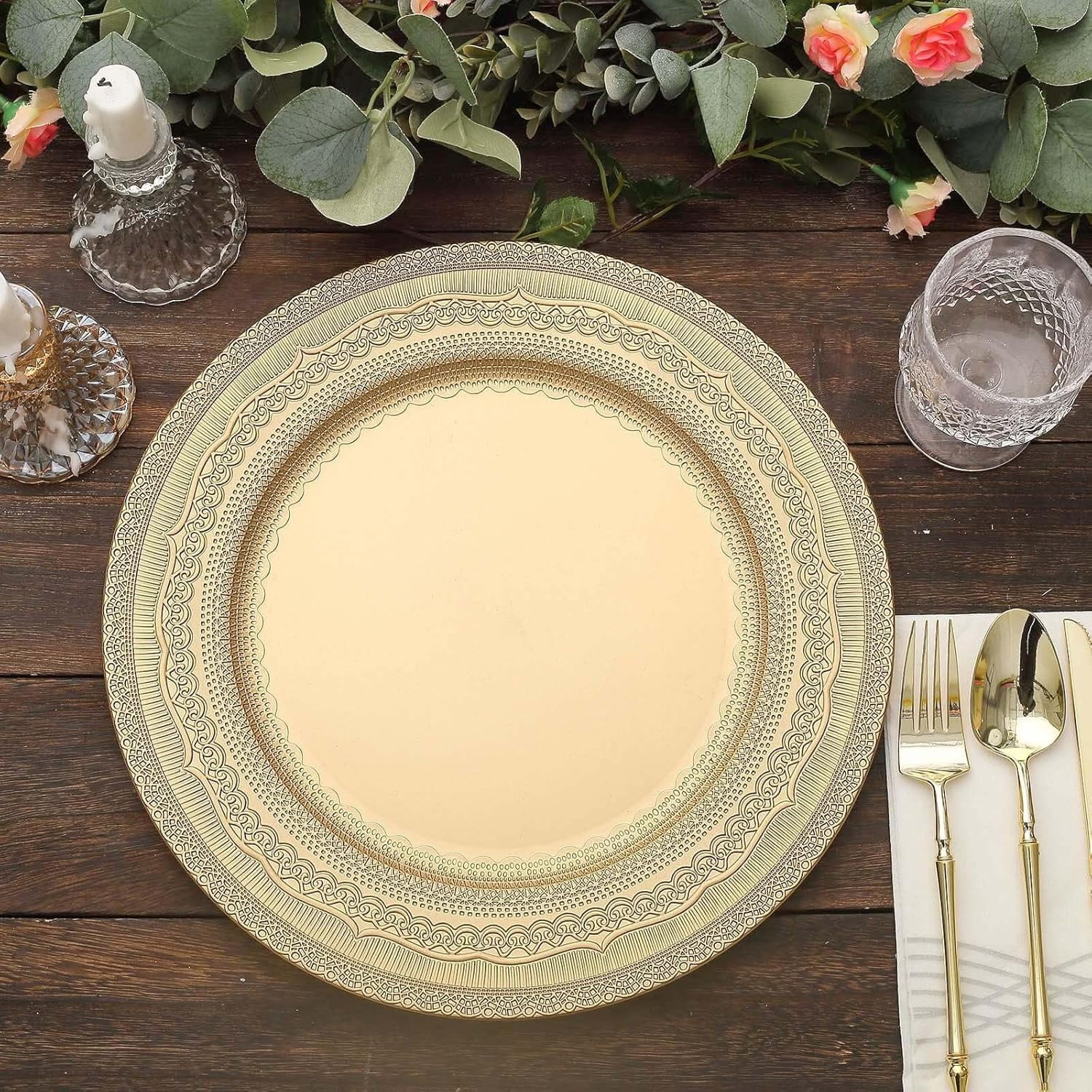 13" Charger Plates - Set of 12 - Gold with Lace Embossed Rim Plastic ...
