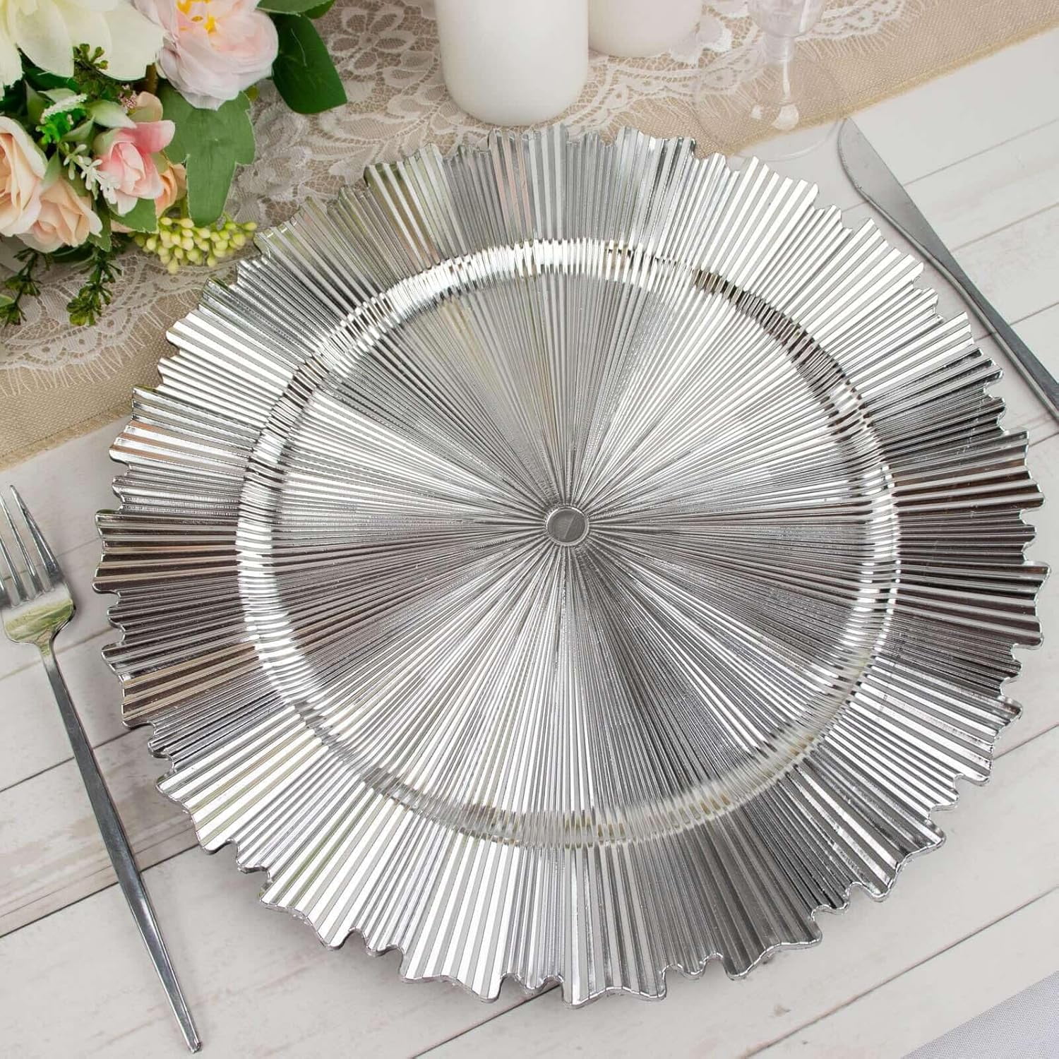 13" Charger Plates - Set of 12 - Metallic Silver with Sunray Scalloped ...