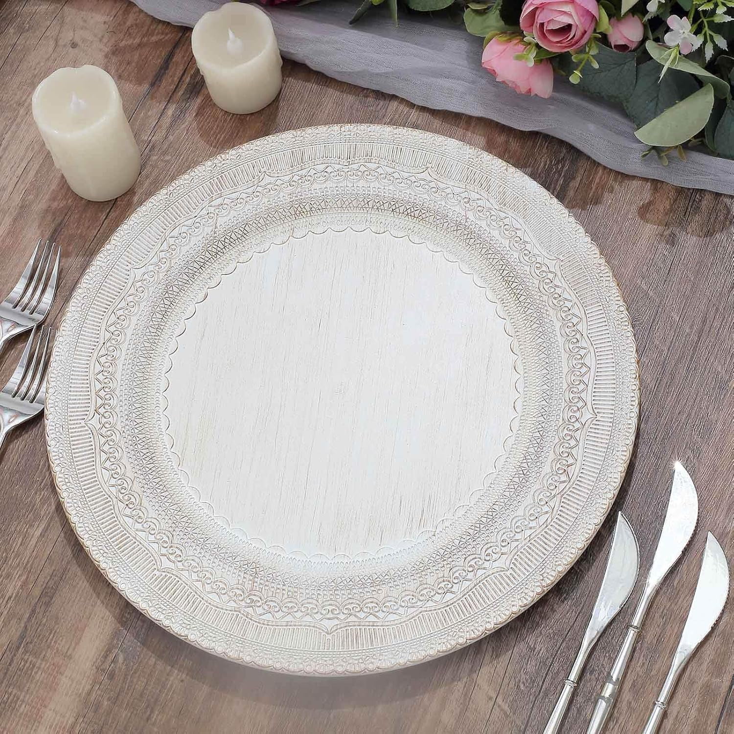 13" Charger Plates - Set of 24 - White with Lace Embossed Rim Plastic ...