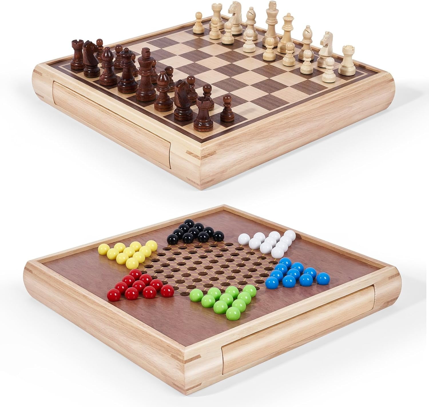 13" Chess Chinese Checkers 2 in 1 Wooden Board Game Set with Pieces ...