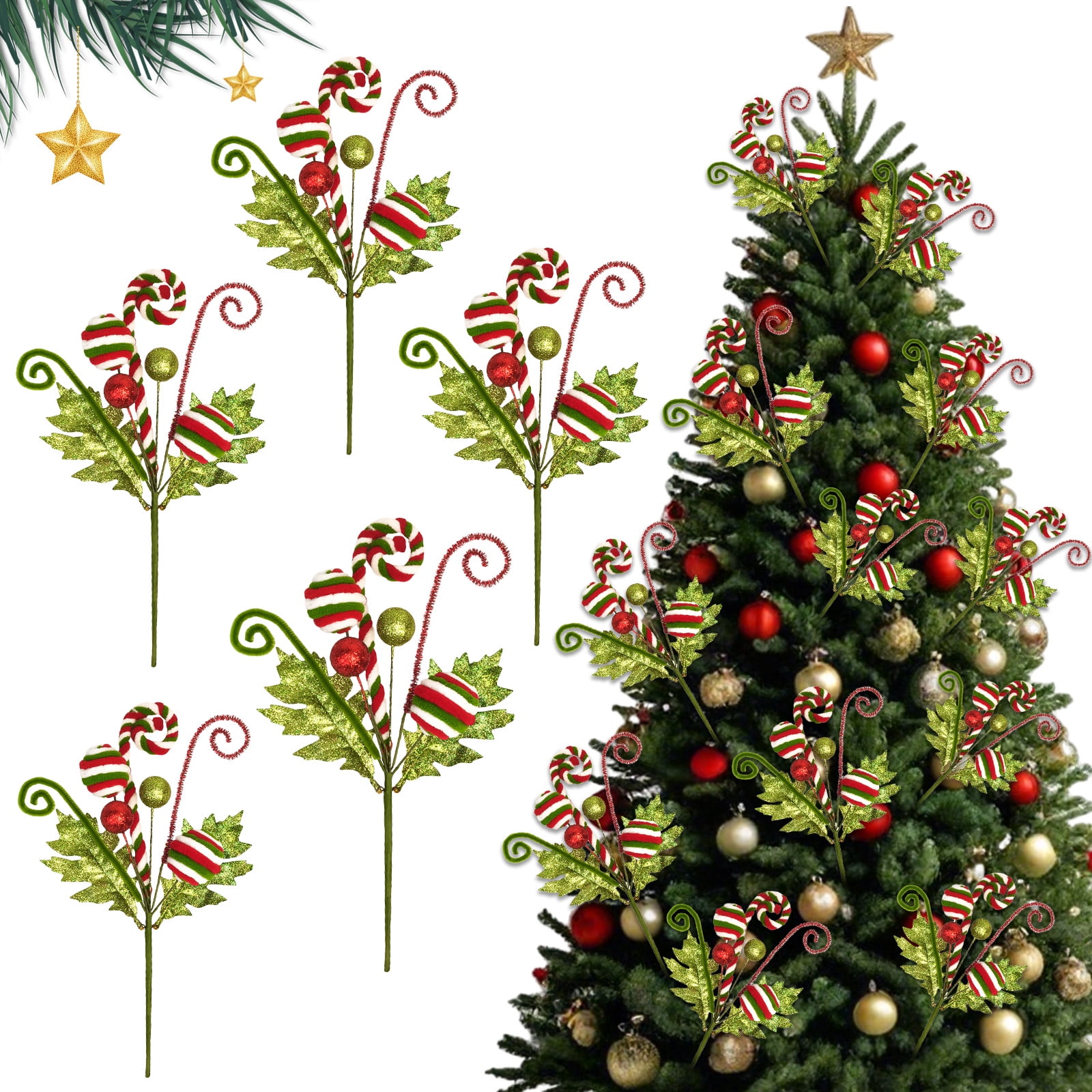 13”Christmas Tree Picks Branch Christmas Tree Topper Ornaments Candy ...