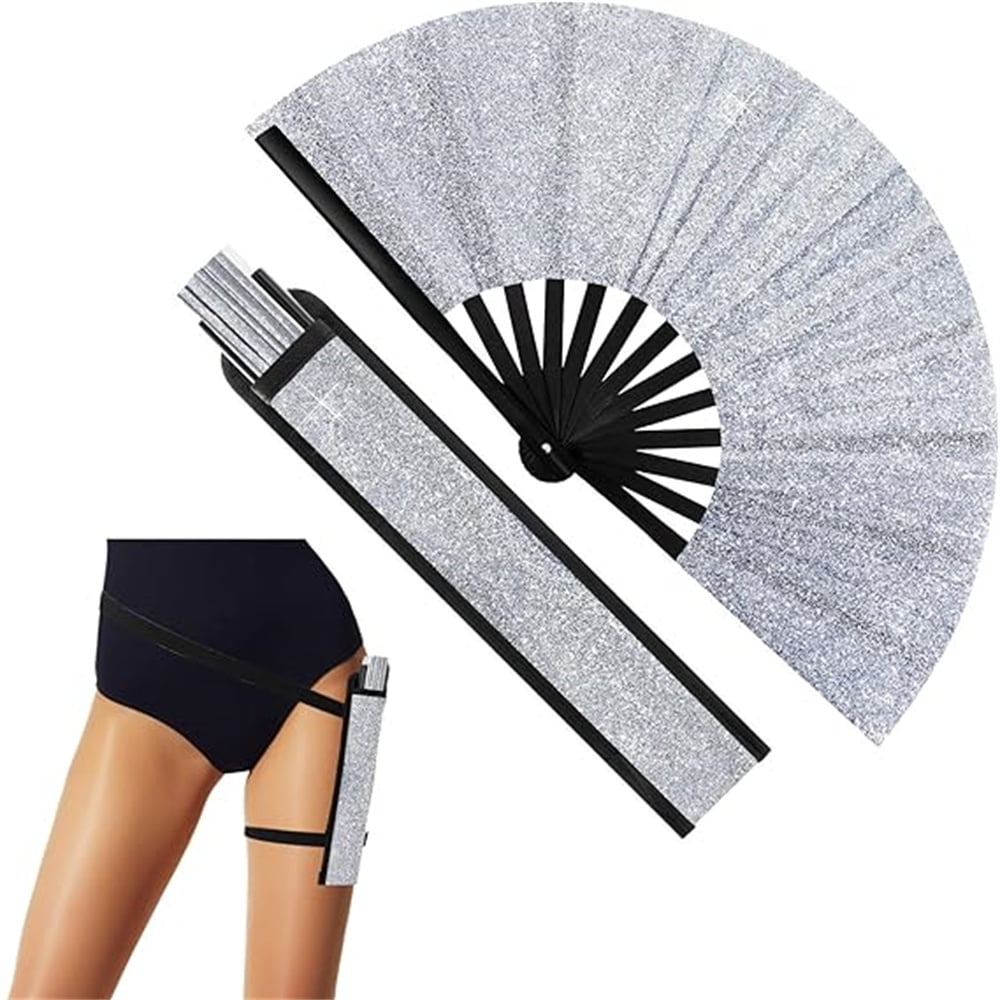 13“ Clack Handheld Fan,Glitter Rave Hand Fan,Large Folding Fan with Leg Strap and Fabric Case ...