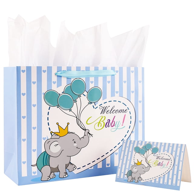 13" Cute Elephant Baby Shower Gift Bags Medium Size Welcome Baby Kraft ...