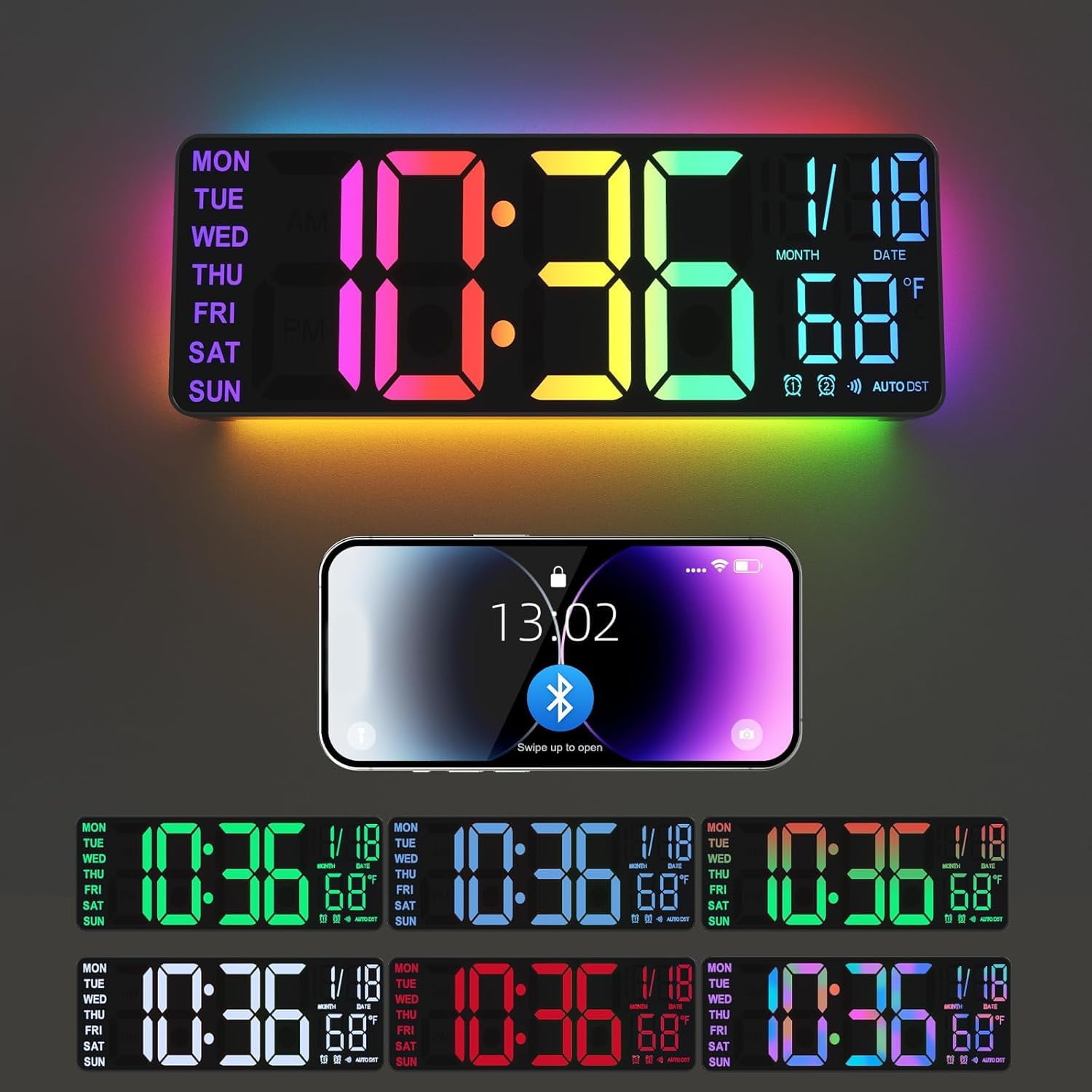 13" Digital Wall Clock with Night Light,8 RGB Color,Dual Alarms with ...