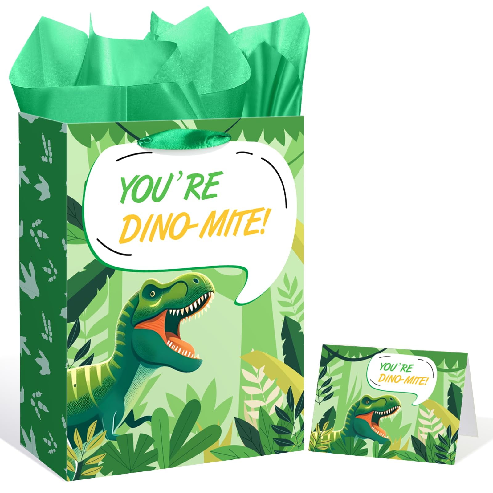 13" Dinosaur Birthday Gift Bag, Green Dinosaur Gift Bag with Greeting ...