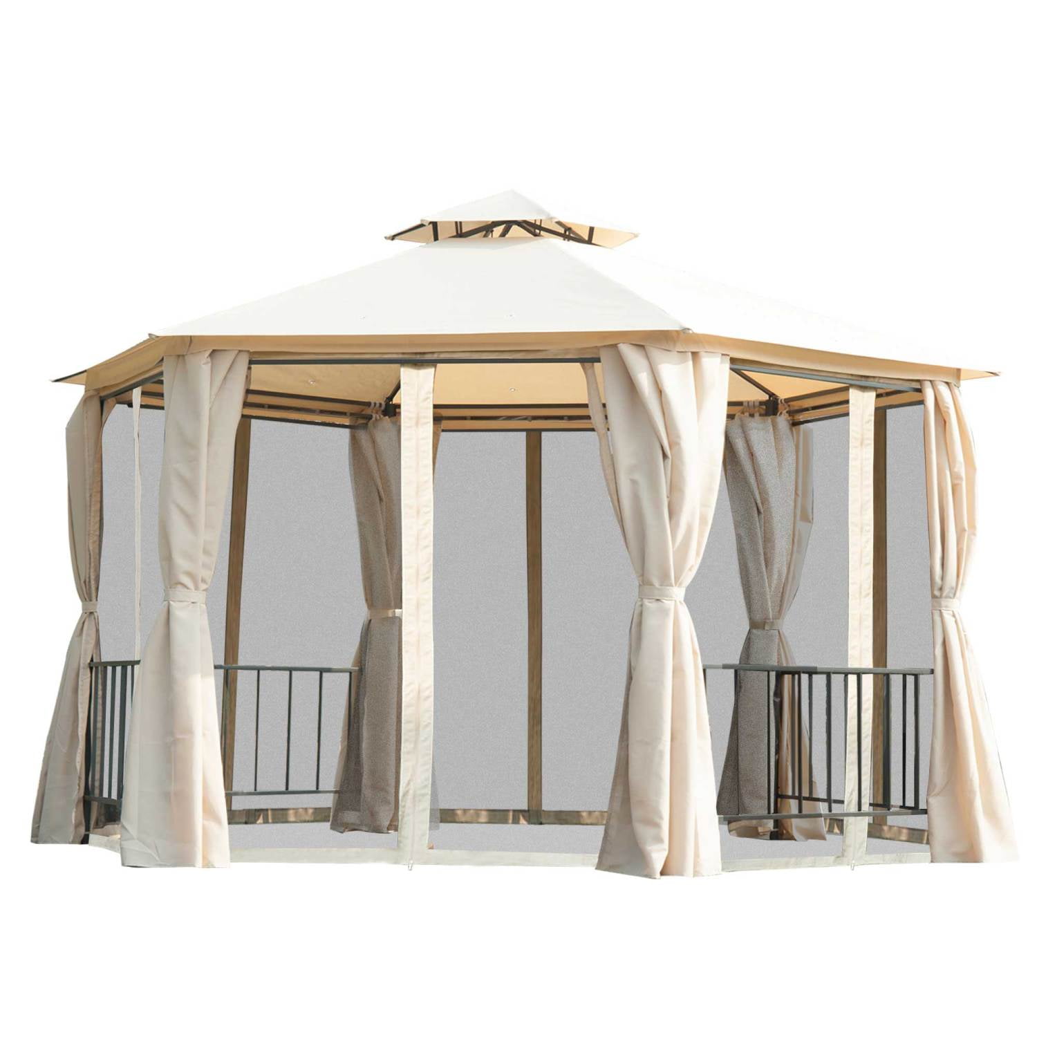 13‘ Double Roof Hexagon Patio Gazebo with Netting Curtains & Solid ...
