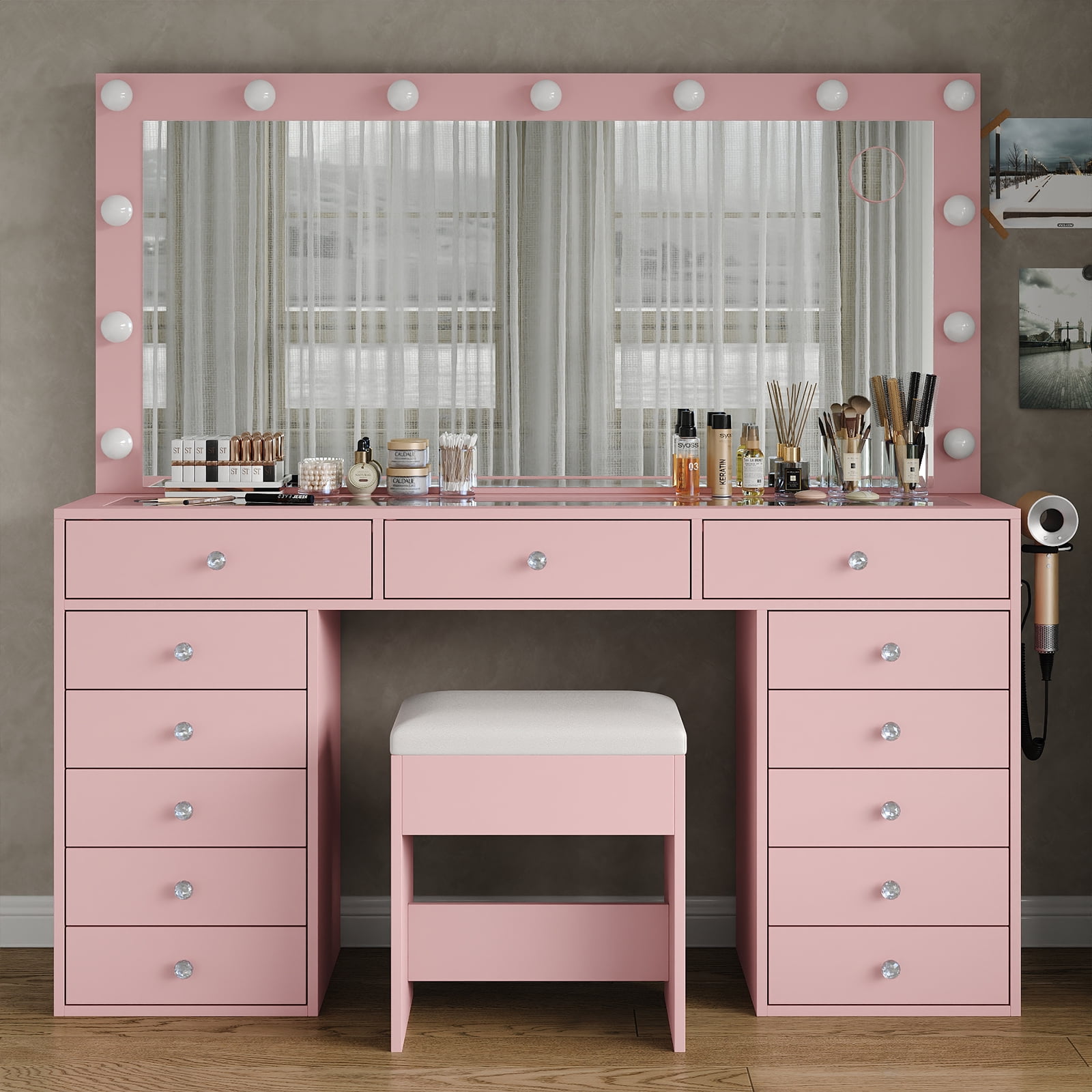 13 Drawers Vanity Desk, Makeup Vanity with Power Outlet, Vanity Table ...