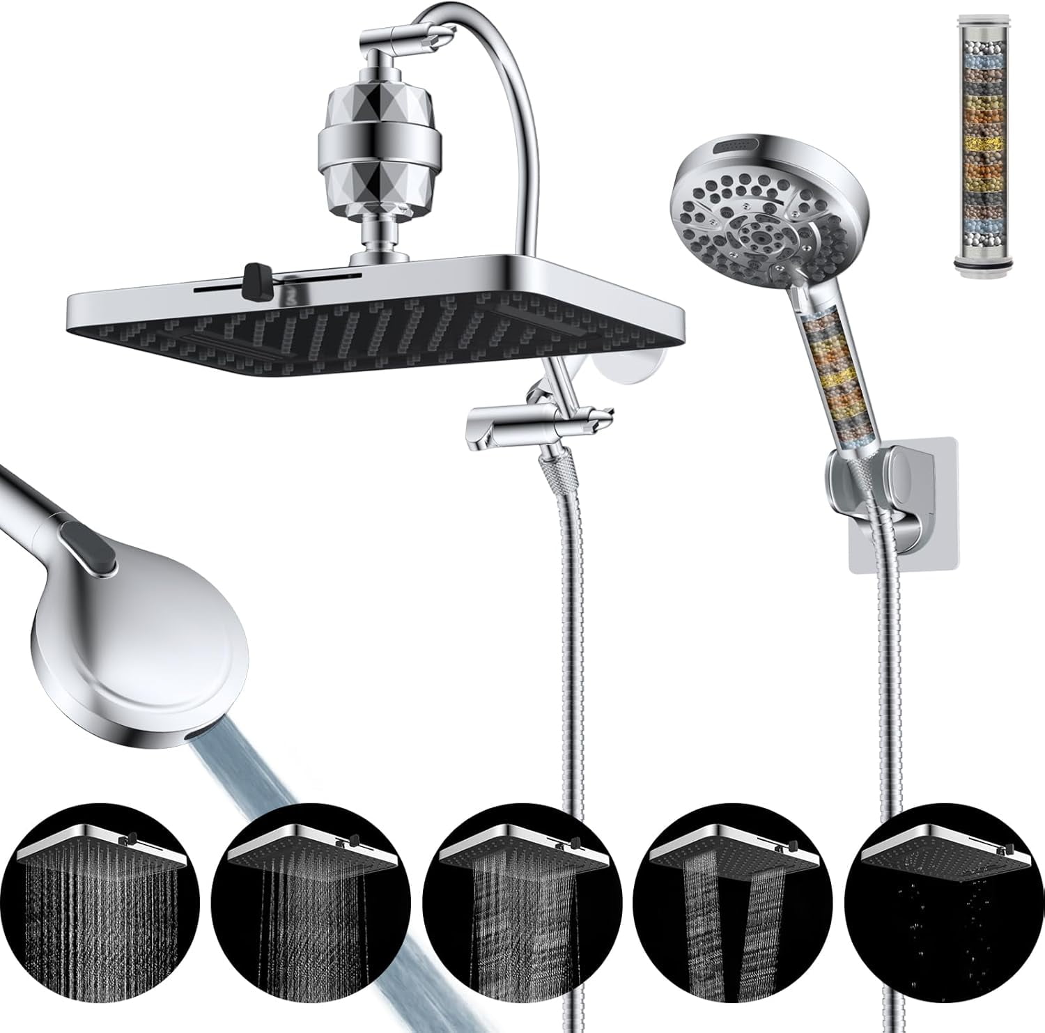 13'' Dual Filtered Rainfall Shower Head Combo with Upgraded 5-spray ...