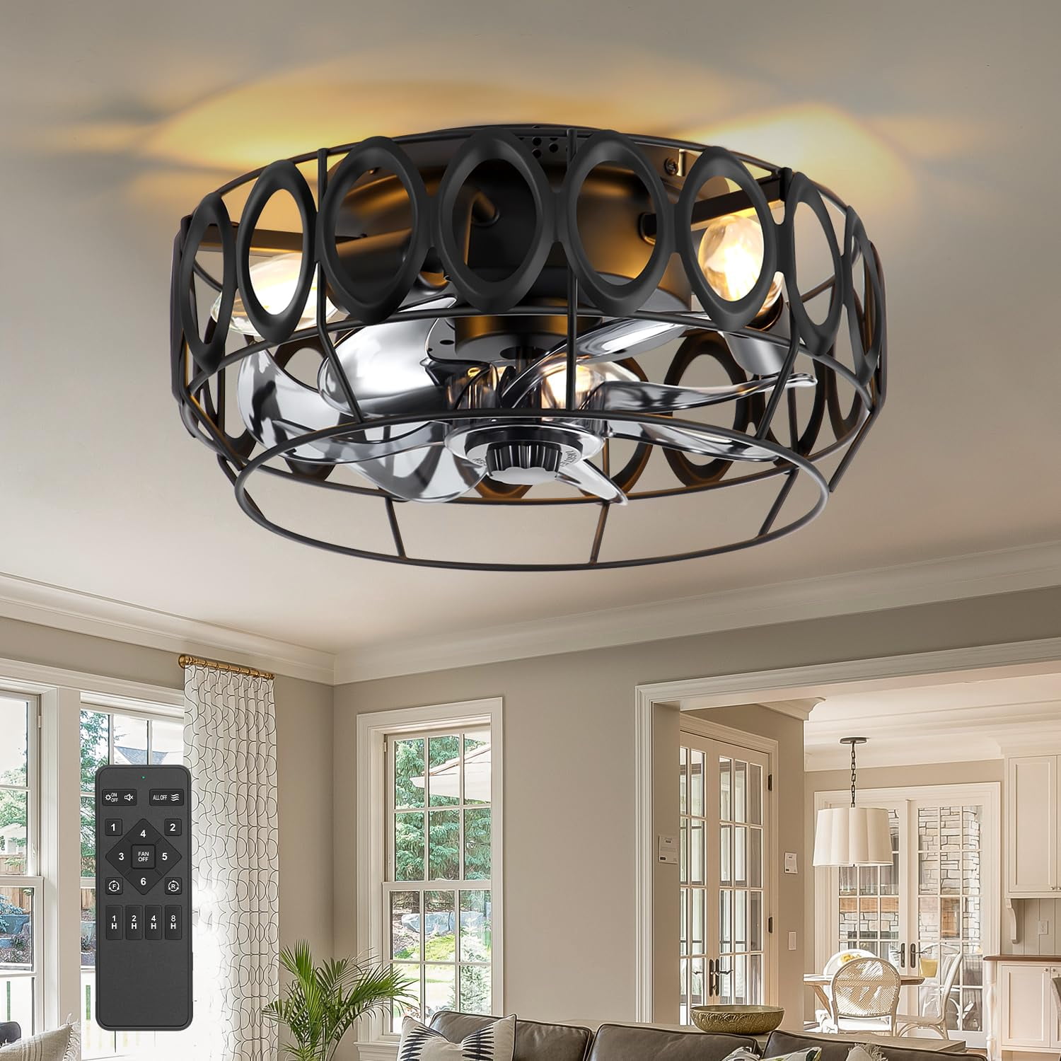 13" Flush Mount Small Caged Ceiling Fans with Lights and Remote ...