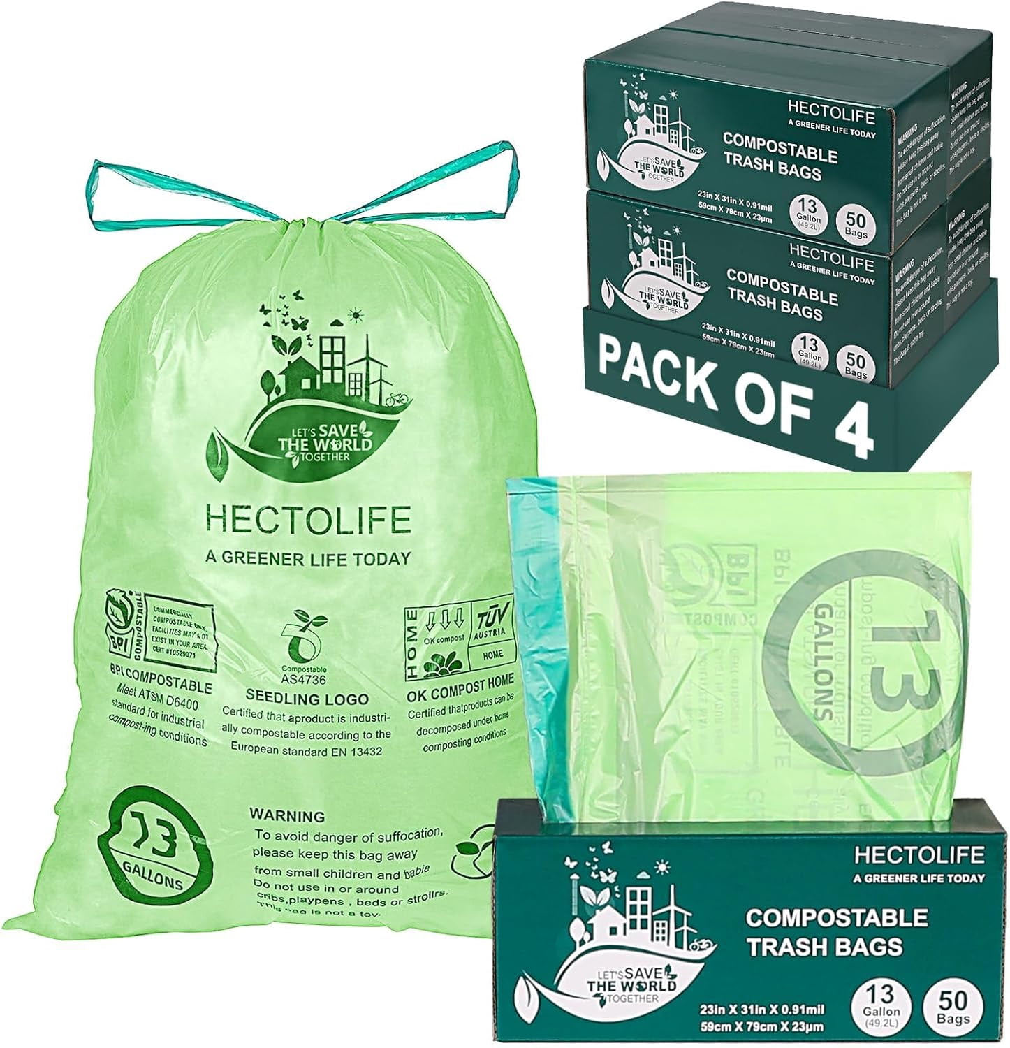 13 Gallon,200 Count, Compostable with Drawstring,Tear Resistant Kitchen ...