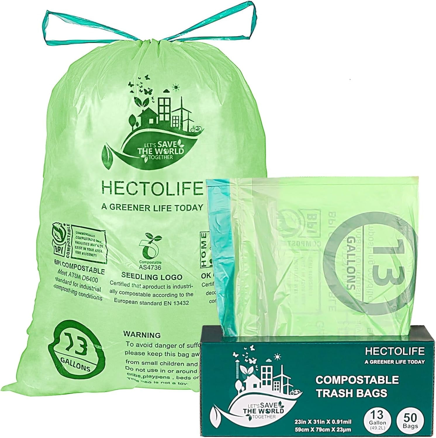 13 Gallon,50 Count, Compostable Trash Bags with Drawstring,Tear ...