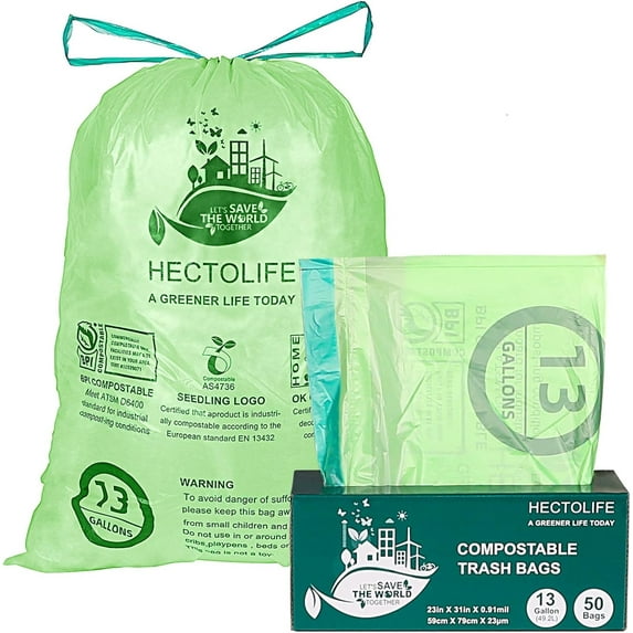 13 Gallon,50 Count, Compostable Trash Bags with Drawstring,Tear ...