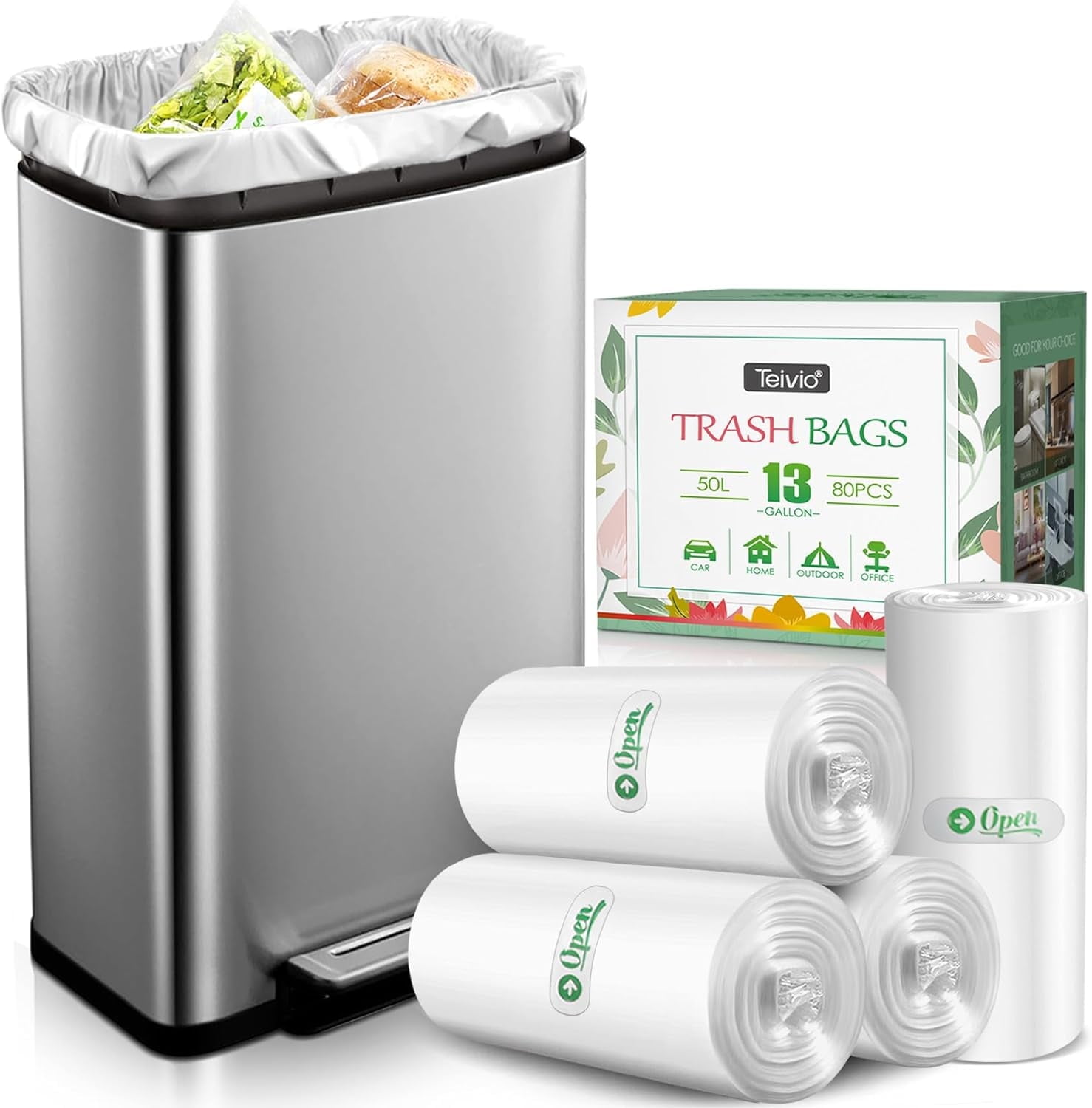 13 Gallon 80 Counts Strong Trash Bags Garbage Bags by Teivio, Bin ...