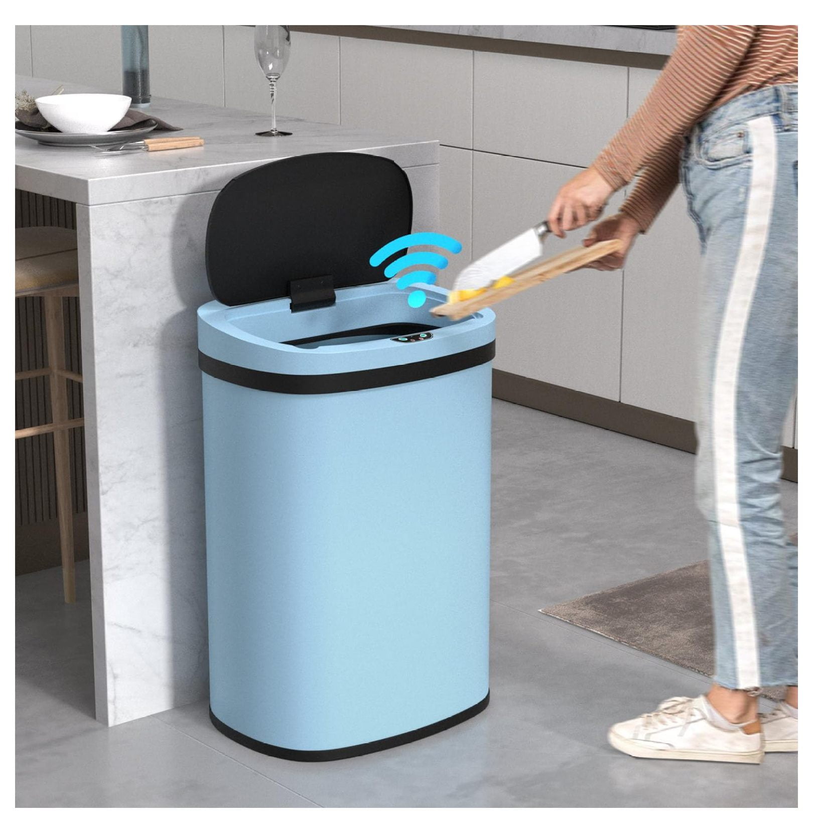 13 Gallon Automatic Trash Can with Lid, Large Stainless Steel Kitchen ...