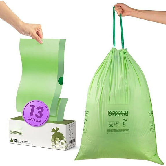 13 Gallon Compostable Drawstring Kitchen Waste Bag, 49.2 Liter, 30 Count,1 Mil, Heavy Duty Food ...