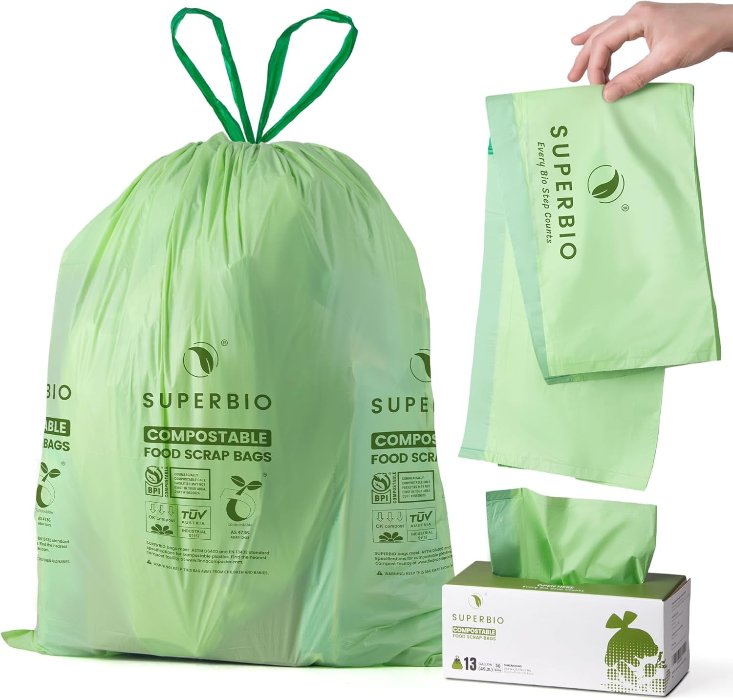 13 Gallon Compostable Drawstring Kitchen Waste Bag, 49.2 Liter, 30 ...